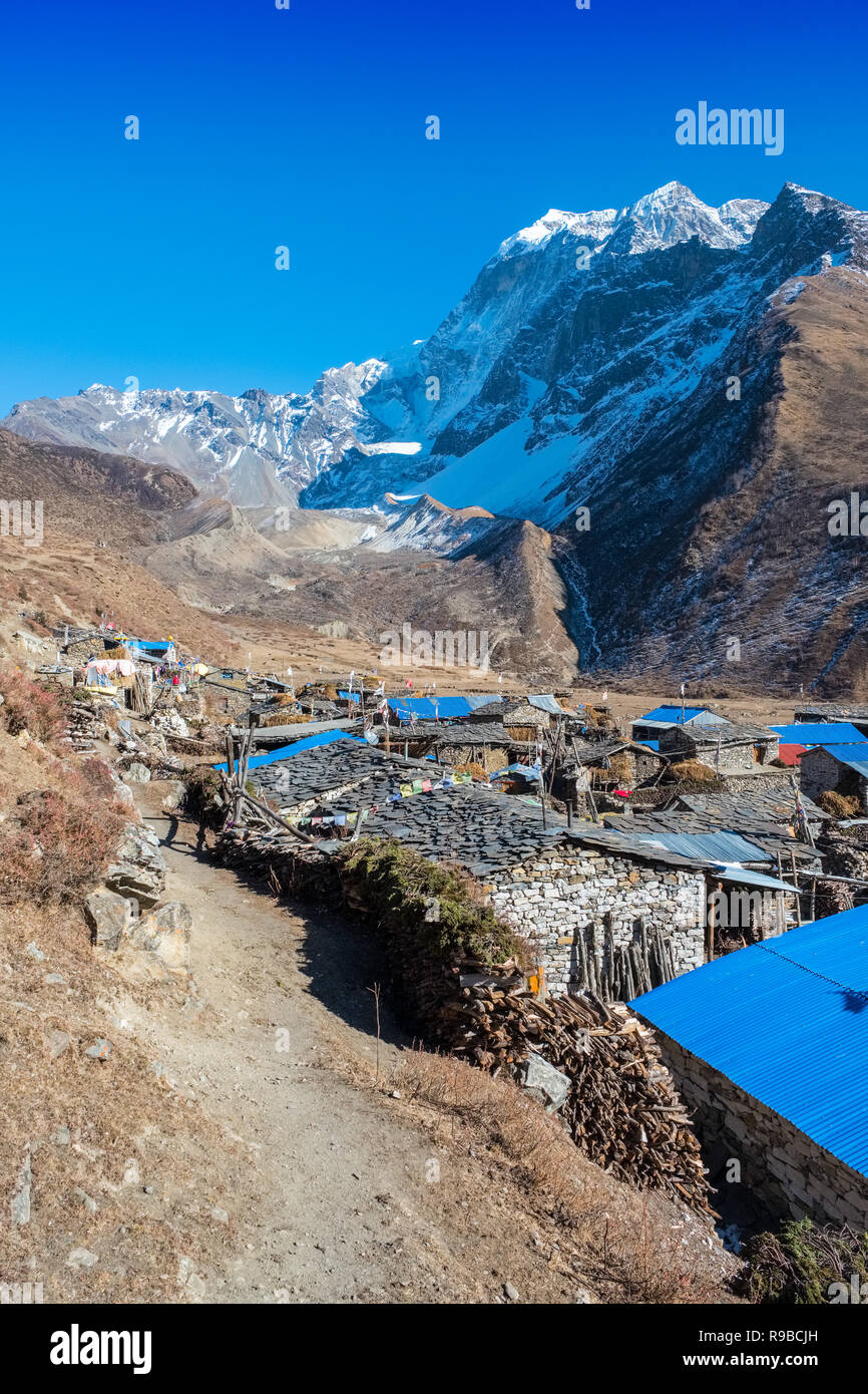 The Tibetan village of Samdo on the Manaslu Circuit trek is made up of ...