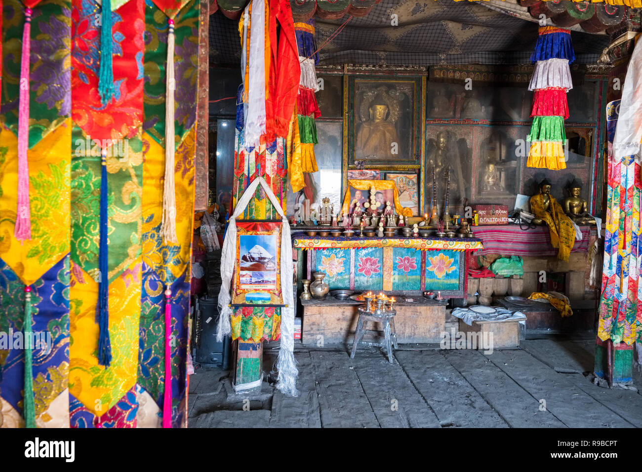 Interior of small Tibetan Buddhist monastery in village of Samdo, Nepal ...