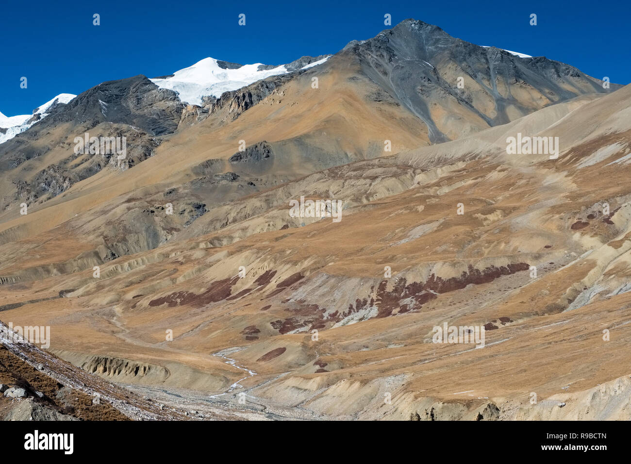 Arid, glaciated mountain terrain on the Tibet / Nepal border of the ...