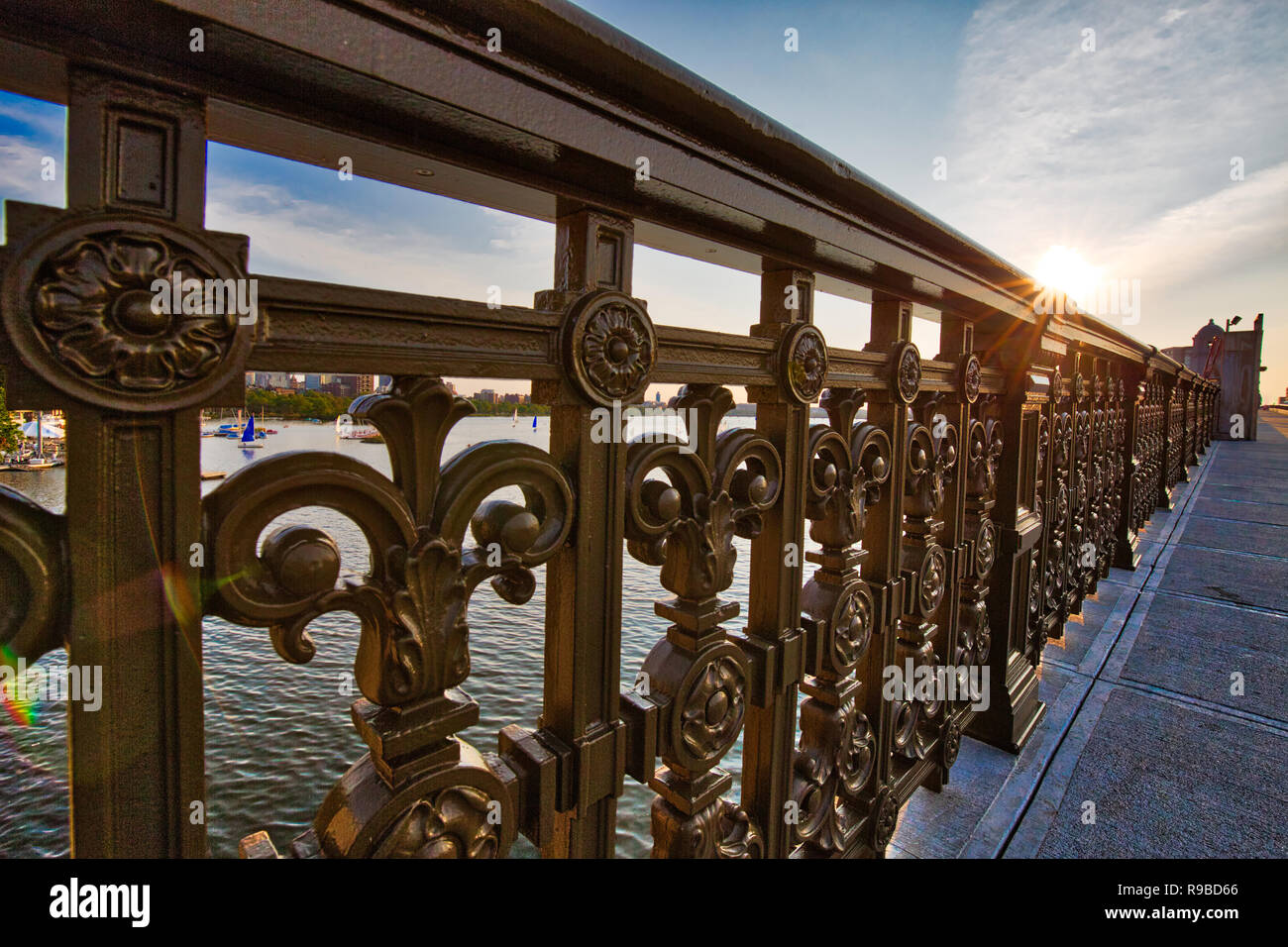 Boston landmark Longfellow bridge over Charles River at sunset Stock ...
