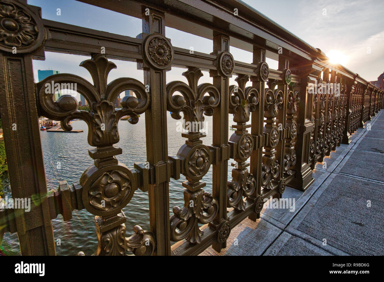 Boston landmark Longfellow bridge over Charles River at sunset Stock ...