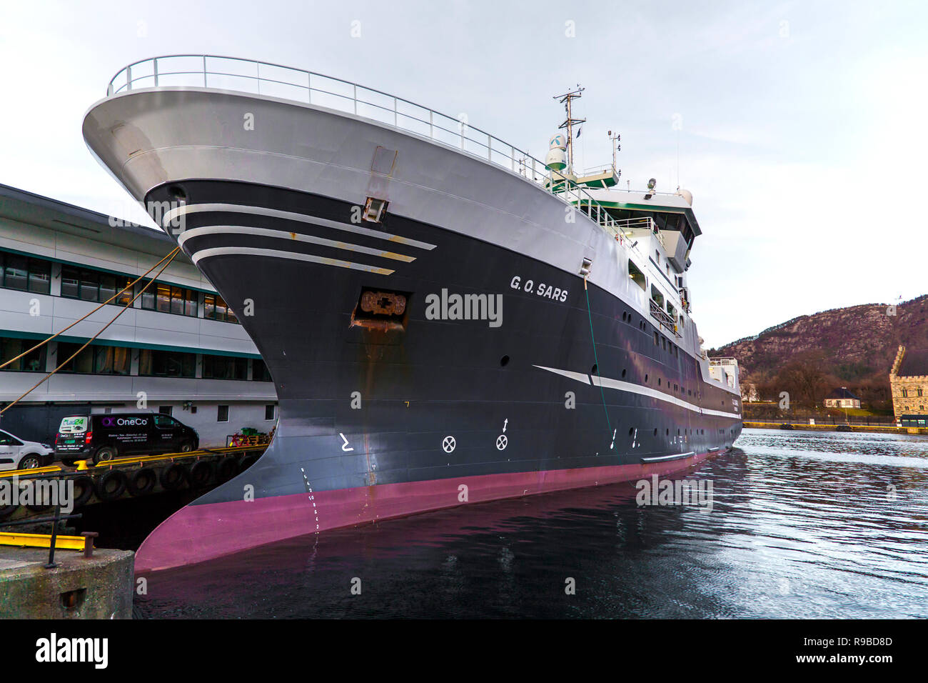 Bow of marine research and survey vessel G.O.Sars in the port of Bergen ...