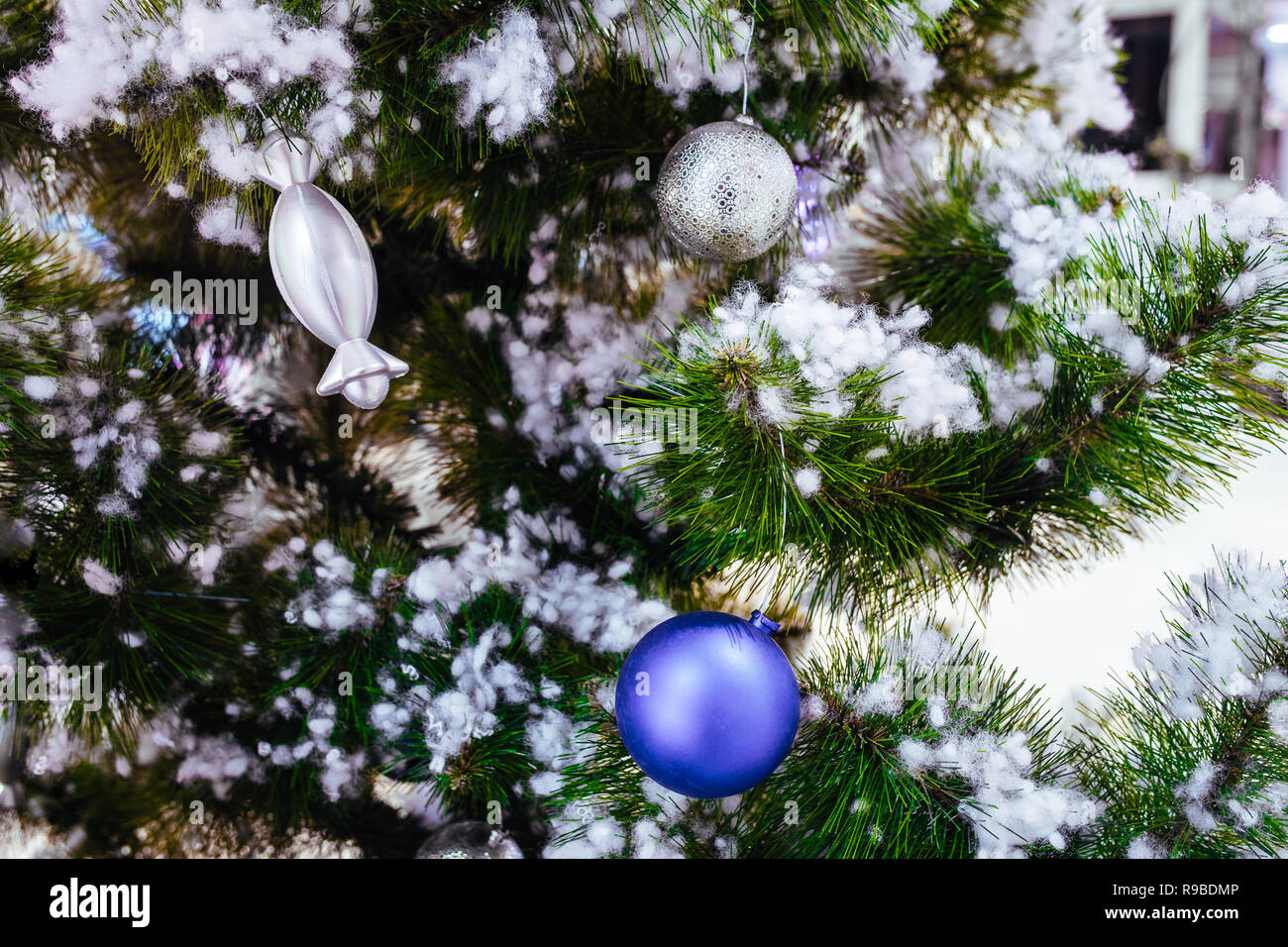 Classic toys on new year tree illuminated with led lights Stock Photo ...