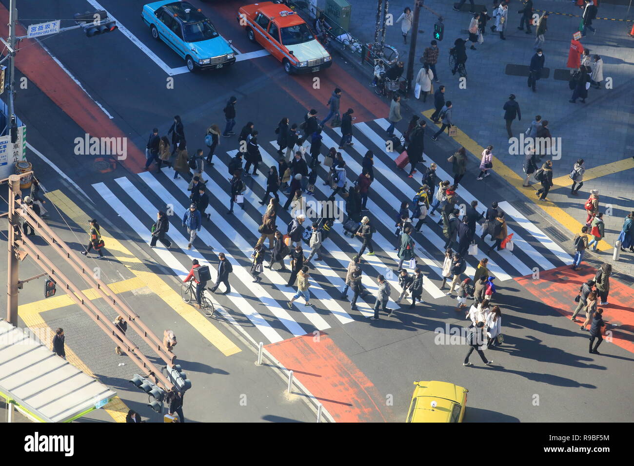 Tokyo/Japan- January 14 2018: japanese cross the road on Shibuya street ...