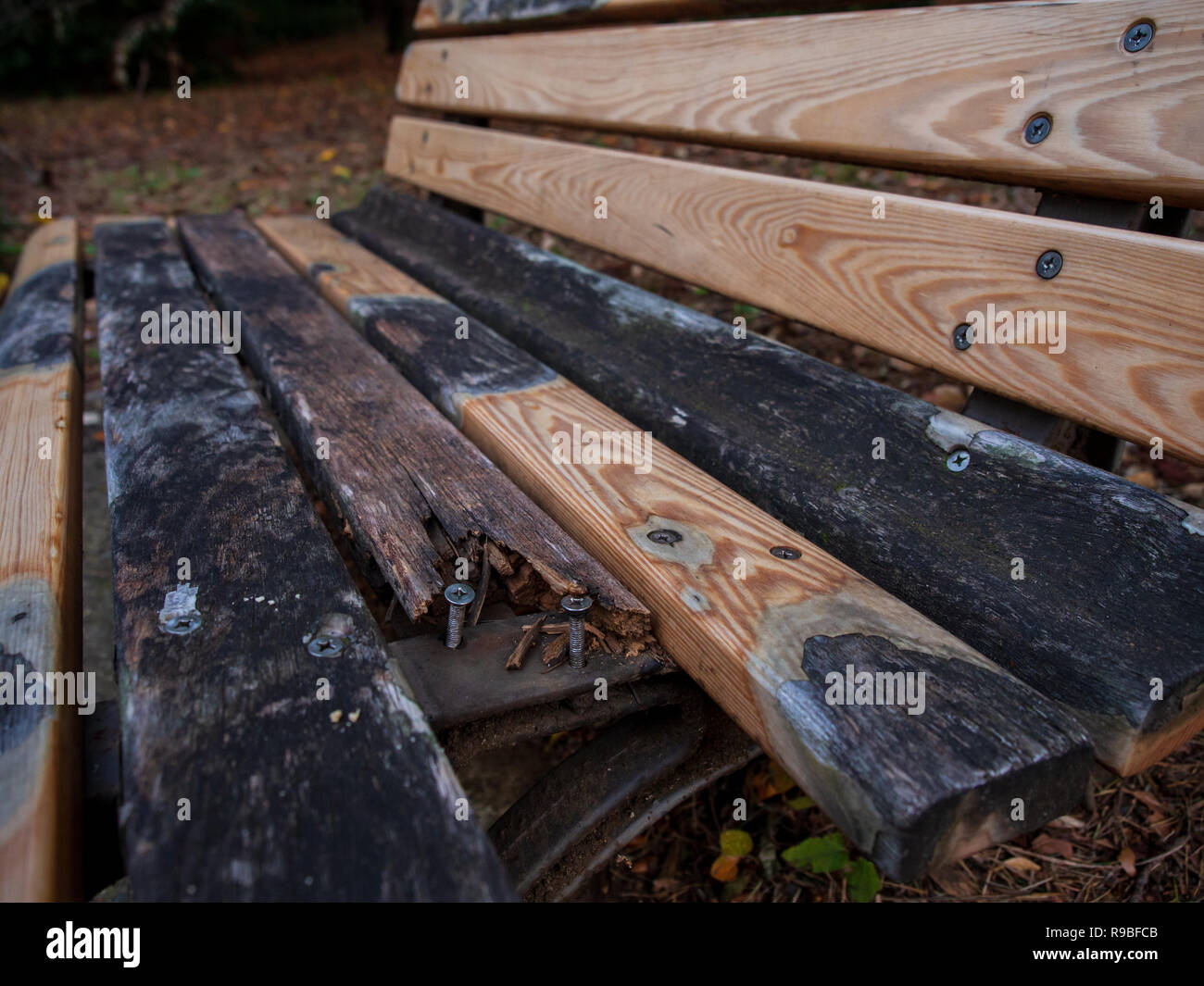 An empty and worn bench in a park, with copy space Stock Photo - Alamy