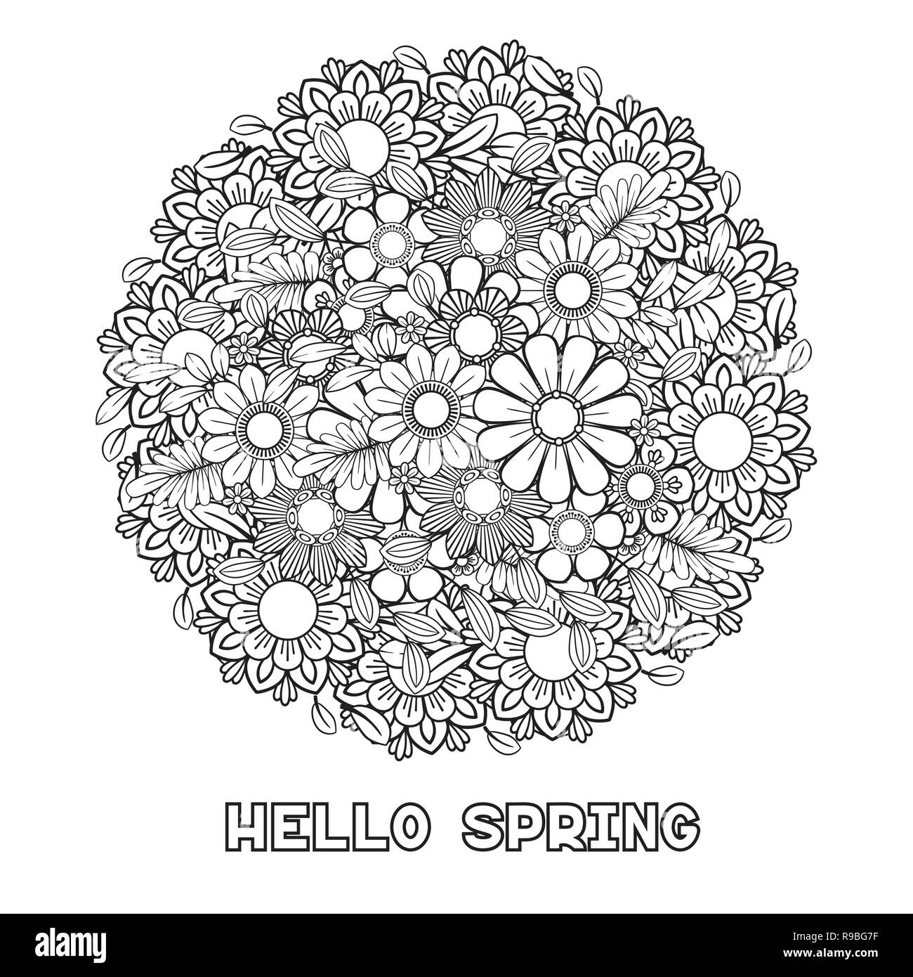 Hello spring coloring page with beautiful flowers. Black and white ...