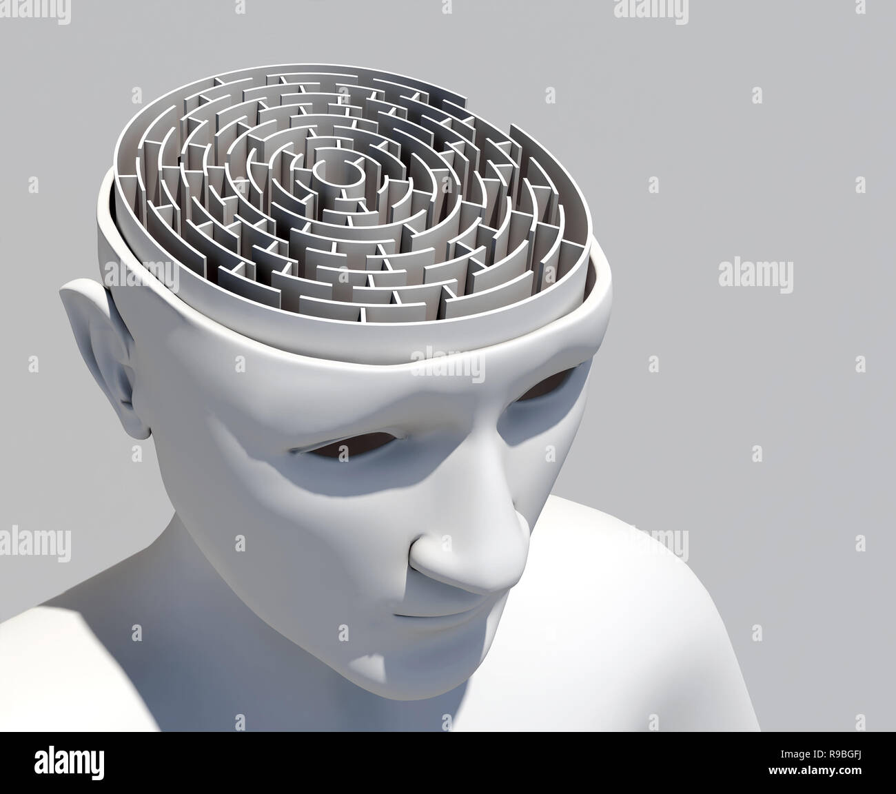 Human head with brain in the form of the maze. Isolated on white ...