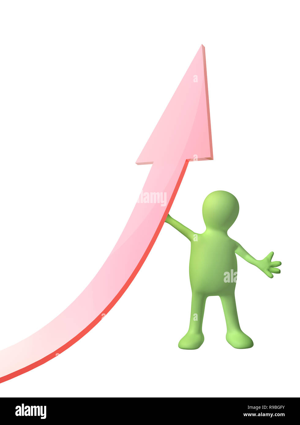 3d puppet, supporting an arrow of red color. Isolated on white ...