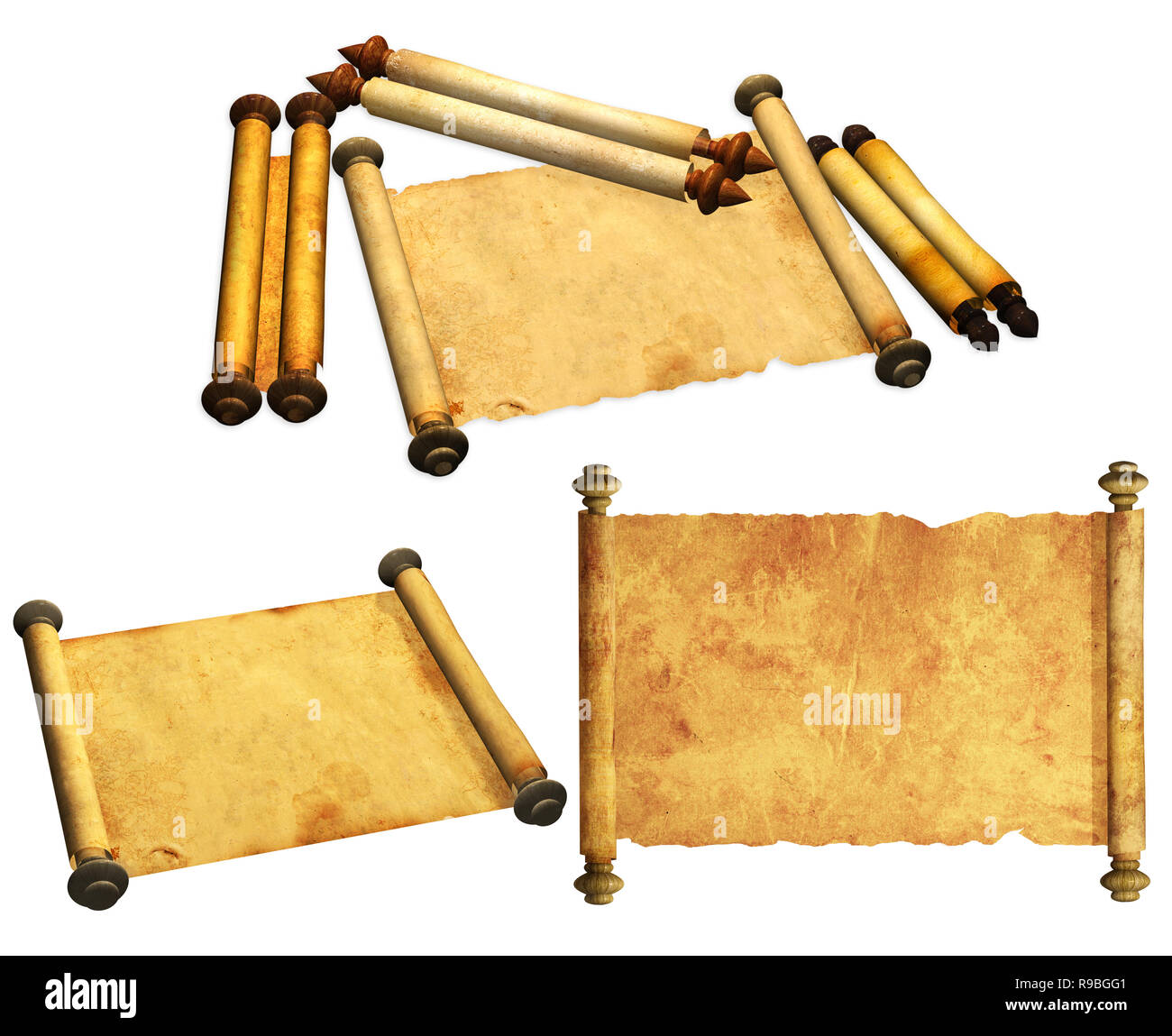 Collection scrolls of old parchment. Objects isolated over white ...