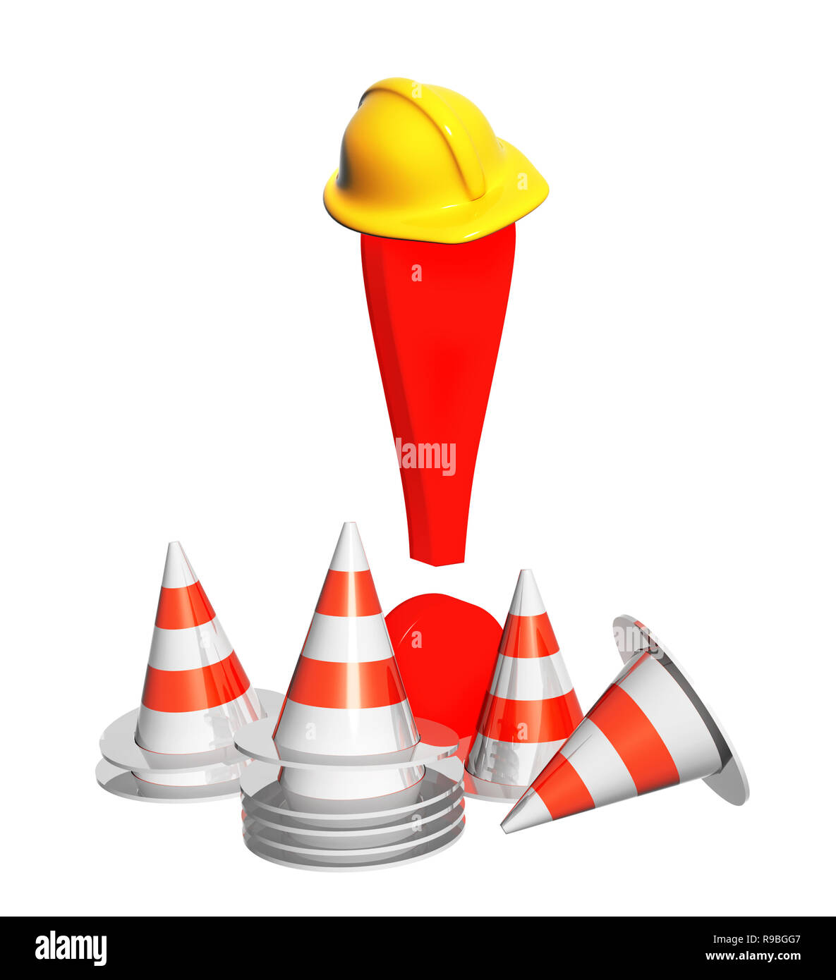 Exclamation mark, road cones and hat. Objects isolated oh white ...