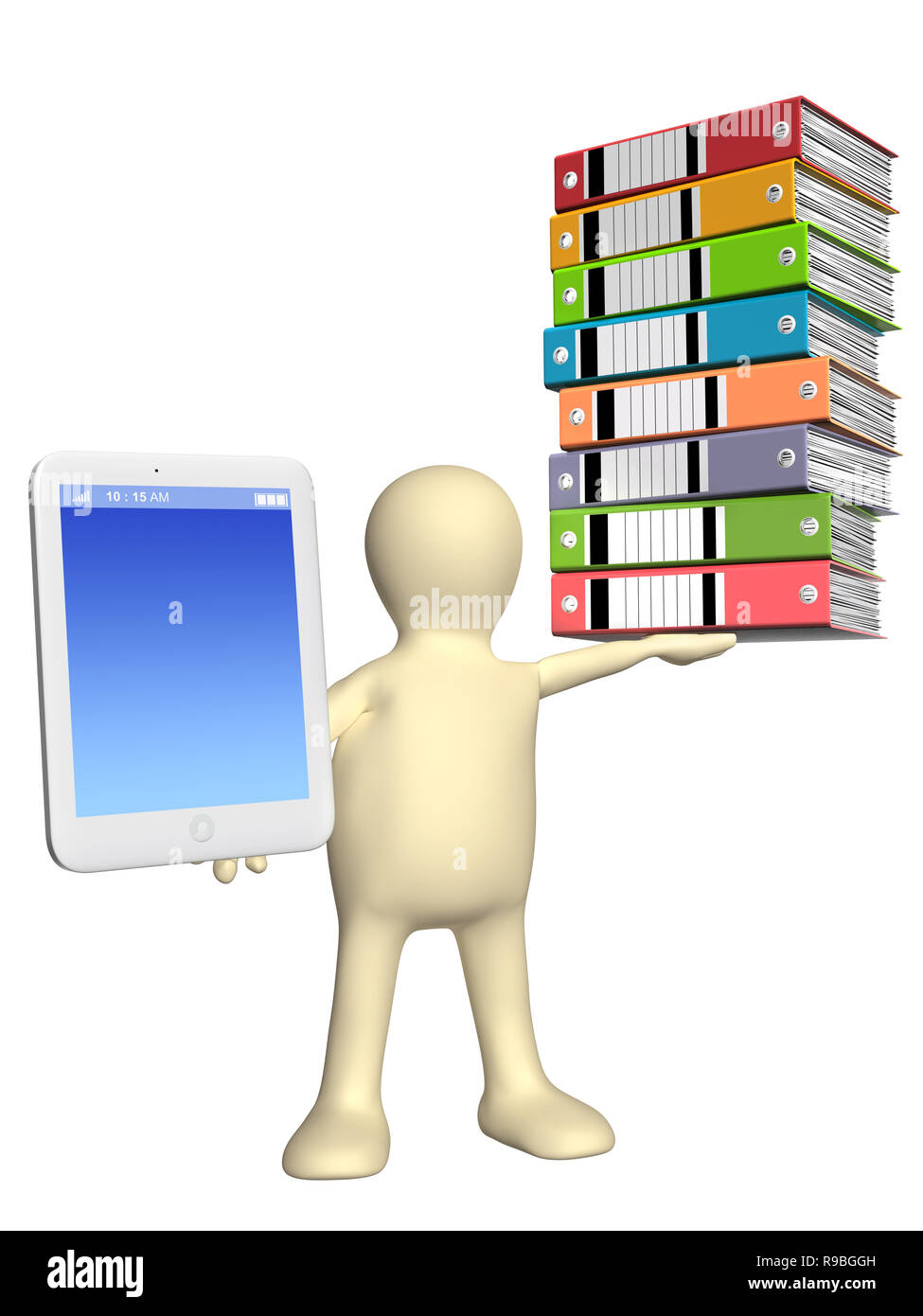 Puppet with smart phone and folders. Isolated on white background Stock ...