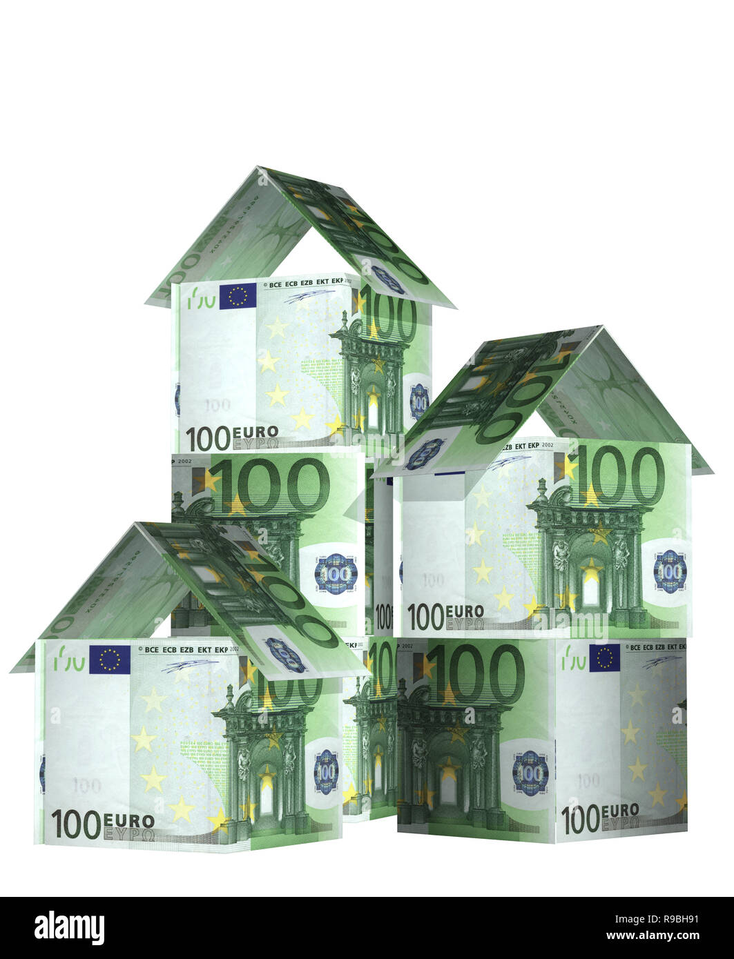Three houses from euro banknotes. Isolated on white background Stock ...