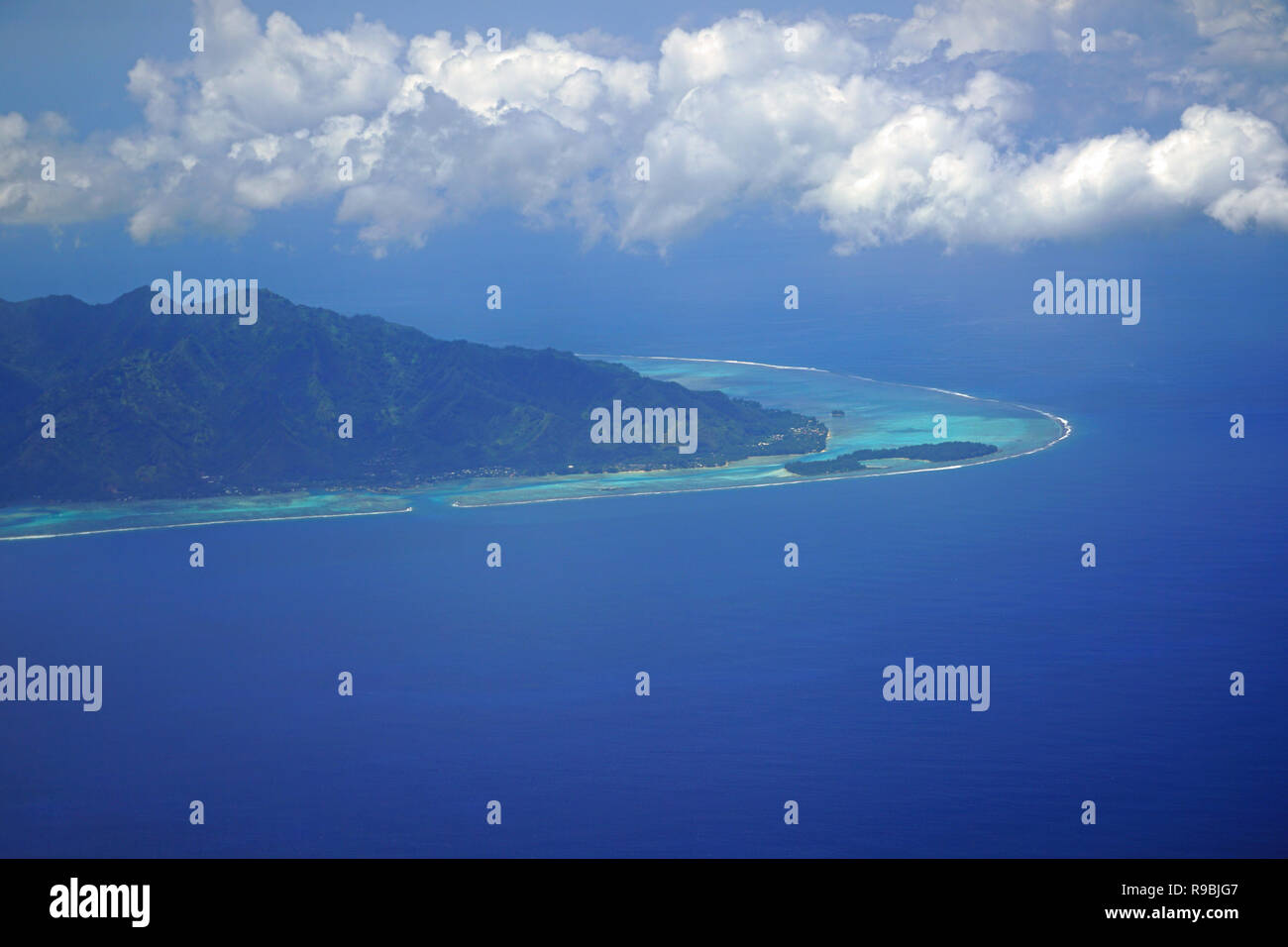 Aerial view of the island and lagoon of Moorea near Tahiti in French ...