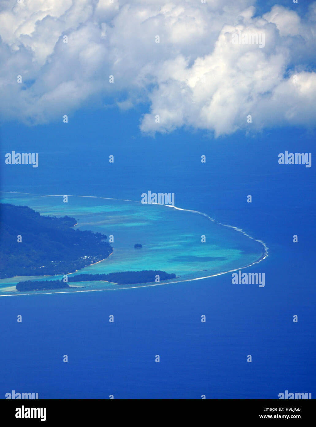 Aerial view of the island and lagoon of Moorea near Tahiti in French ...
