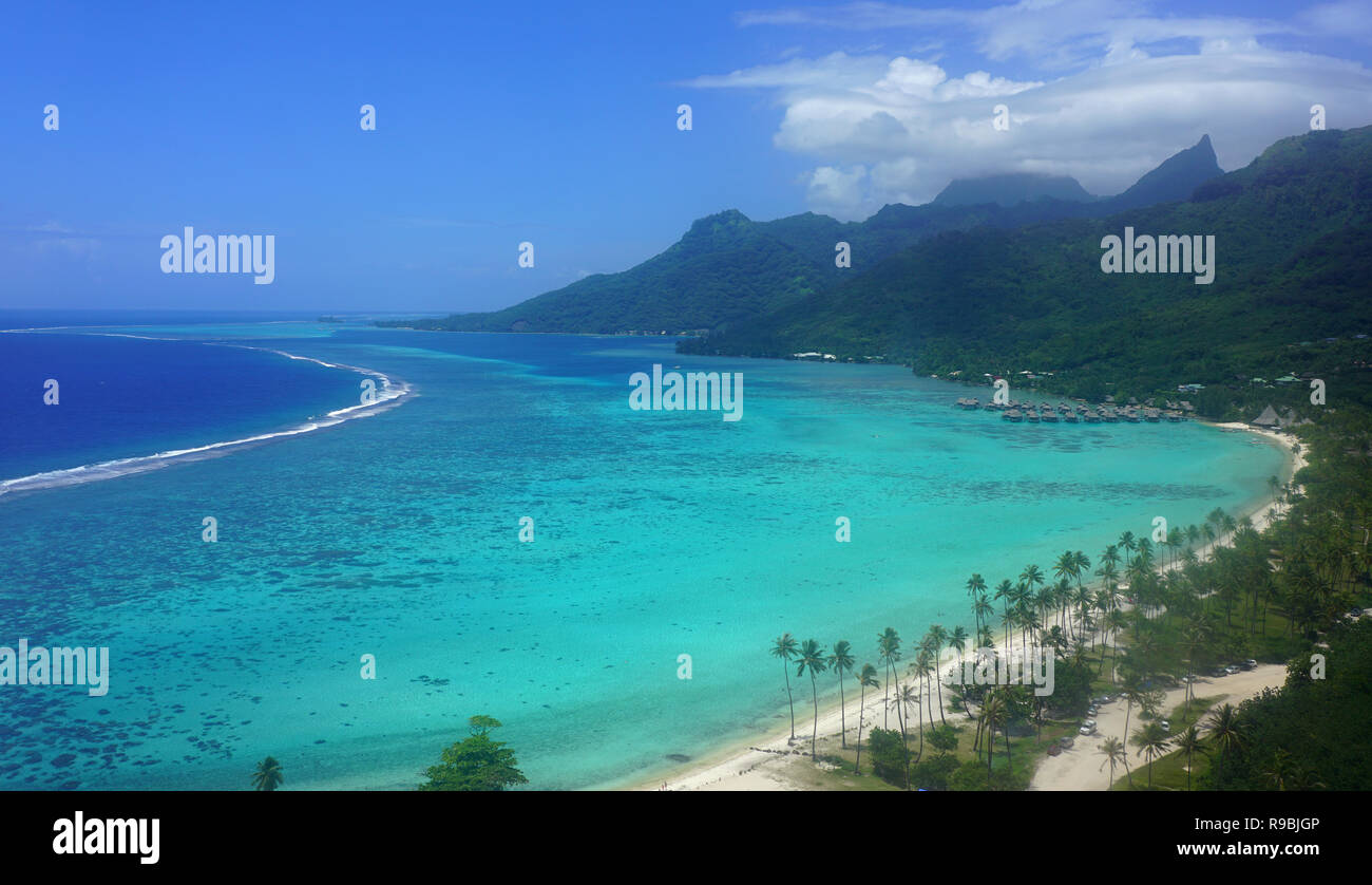 Aerial view of the island and lagoon of Moorea near Tahiti in French ...