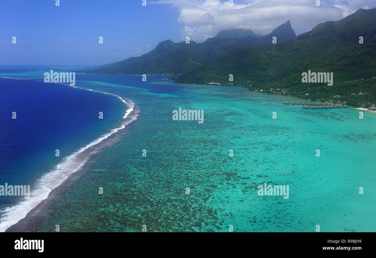 Aerial view of the island and lagoon of Moorea near Tahiti in French ...