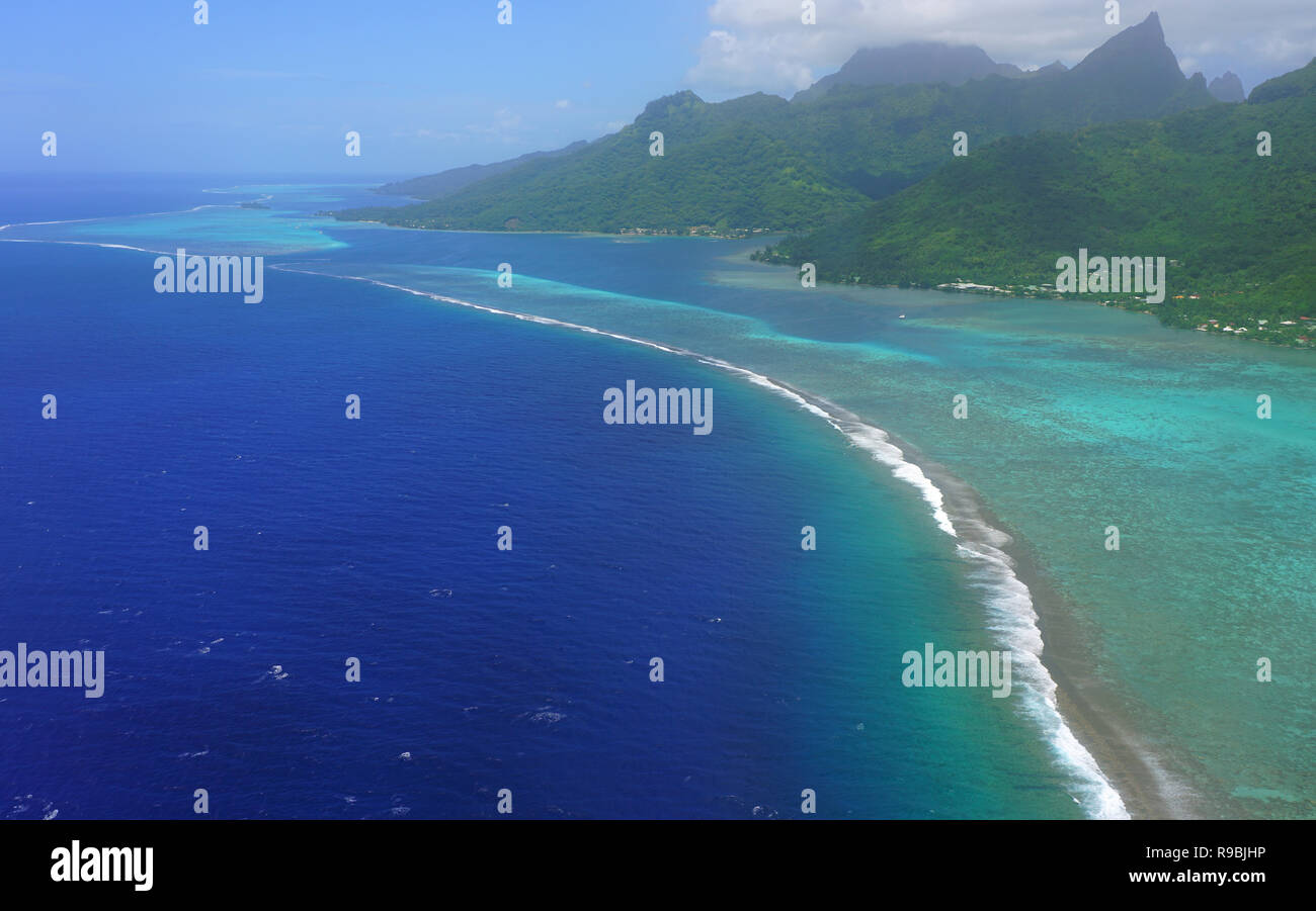 Aerial view of the island and lagoon of Moorea near Tahiti in French ...