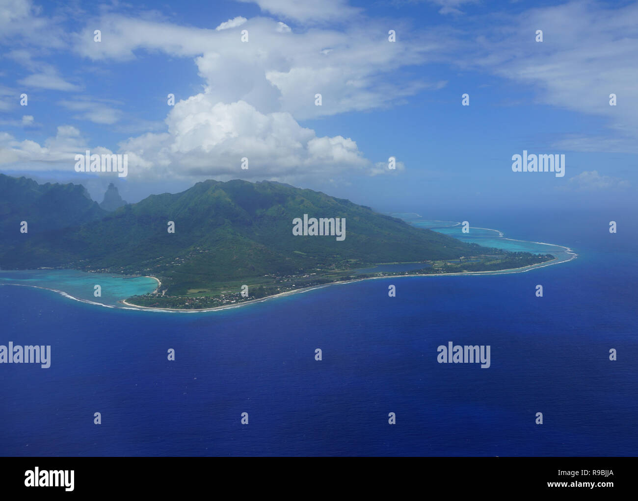 Aerial view of the island and lagoon of Moorea near Tahiti in French ...