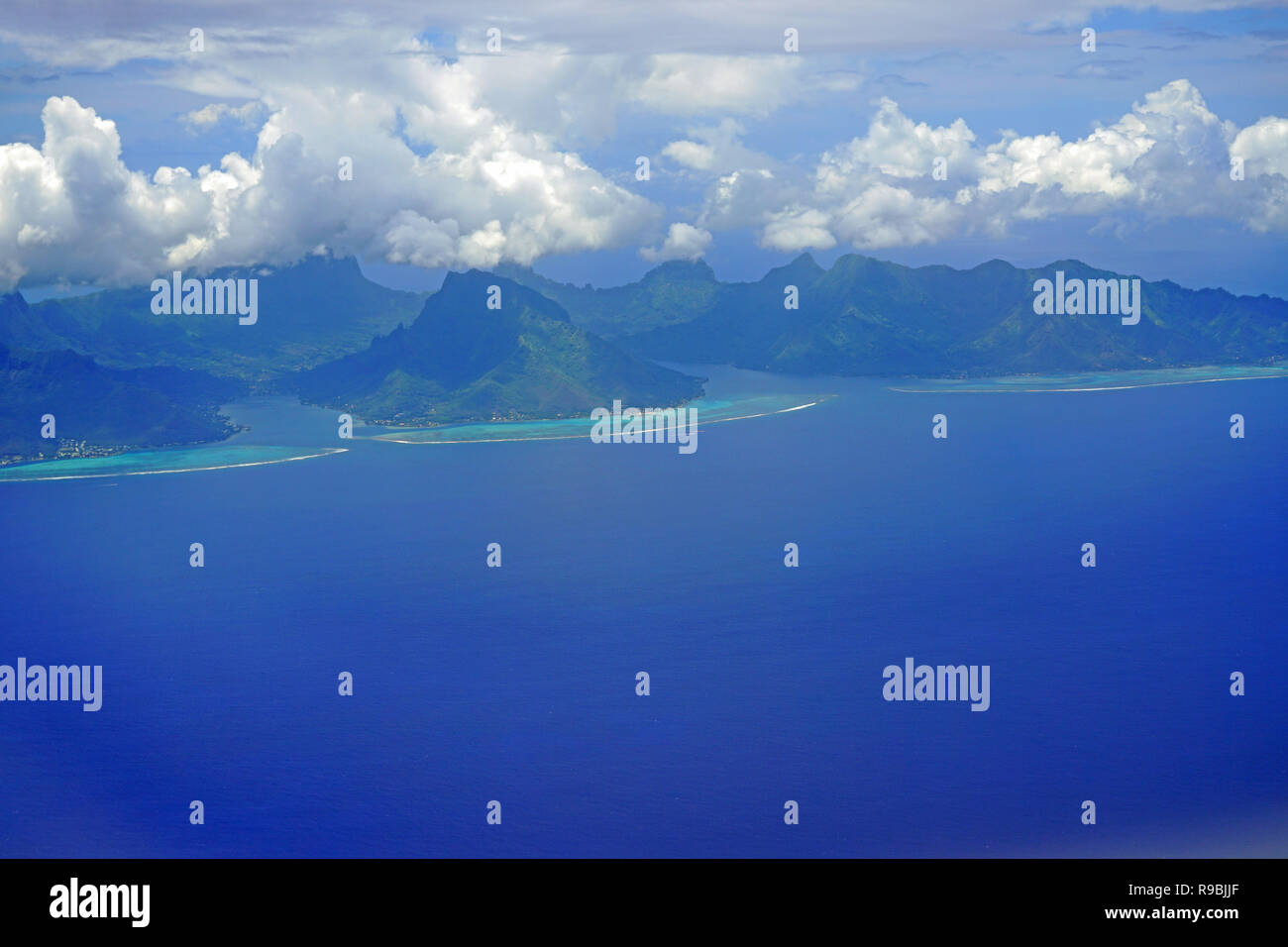 Aerial view of the island and lagoon of Moorea near Tahiti in French ...