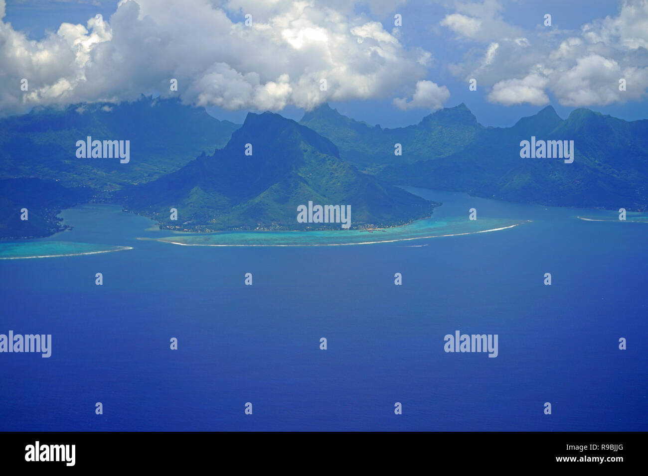 Aerial view of the island and lagoon of Moorea near Tahiti in French ...