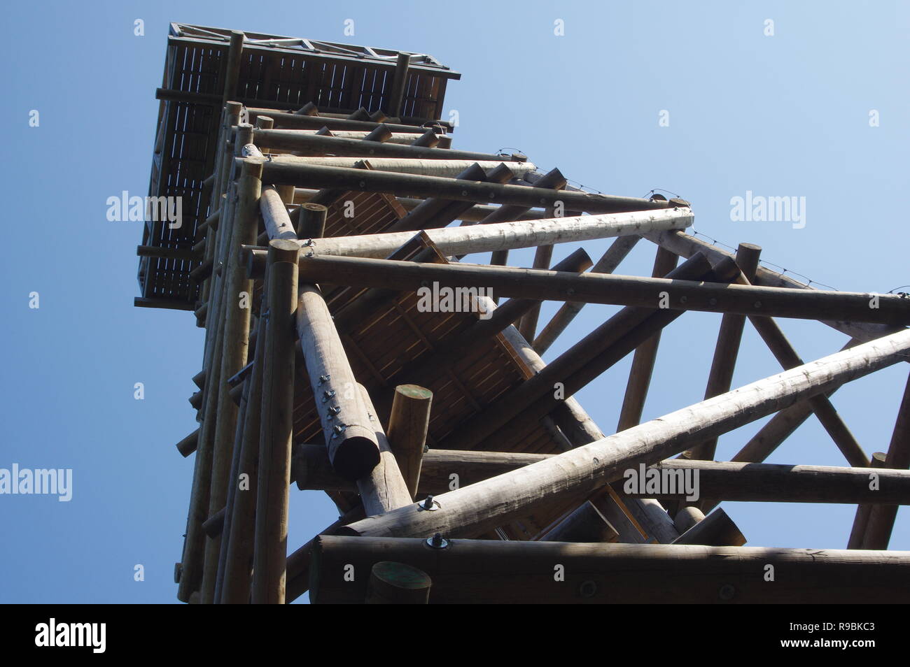Close up view on observation tower construction elements, wooden tower ...