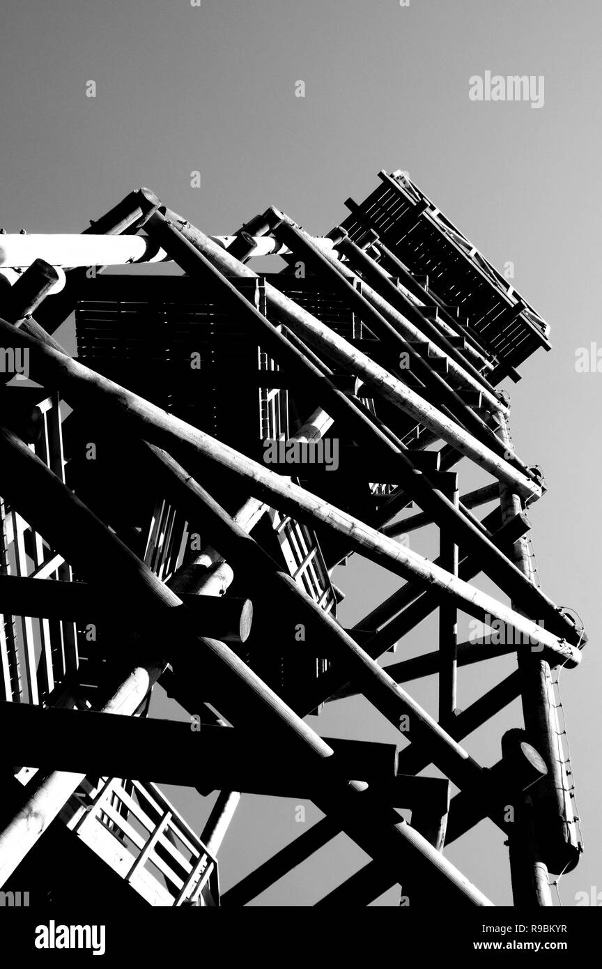 Close up view on observation tower construction elements, wooden tower ...