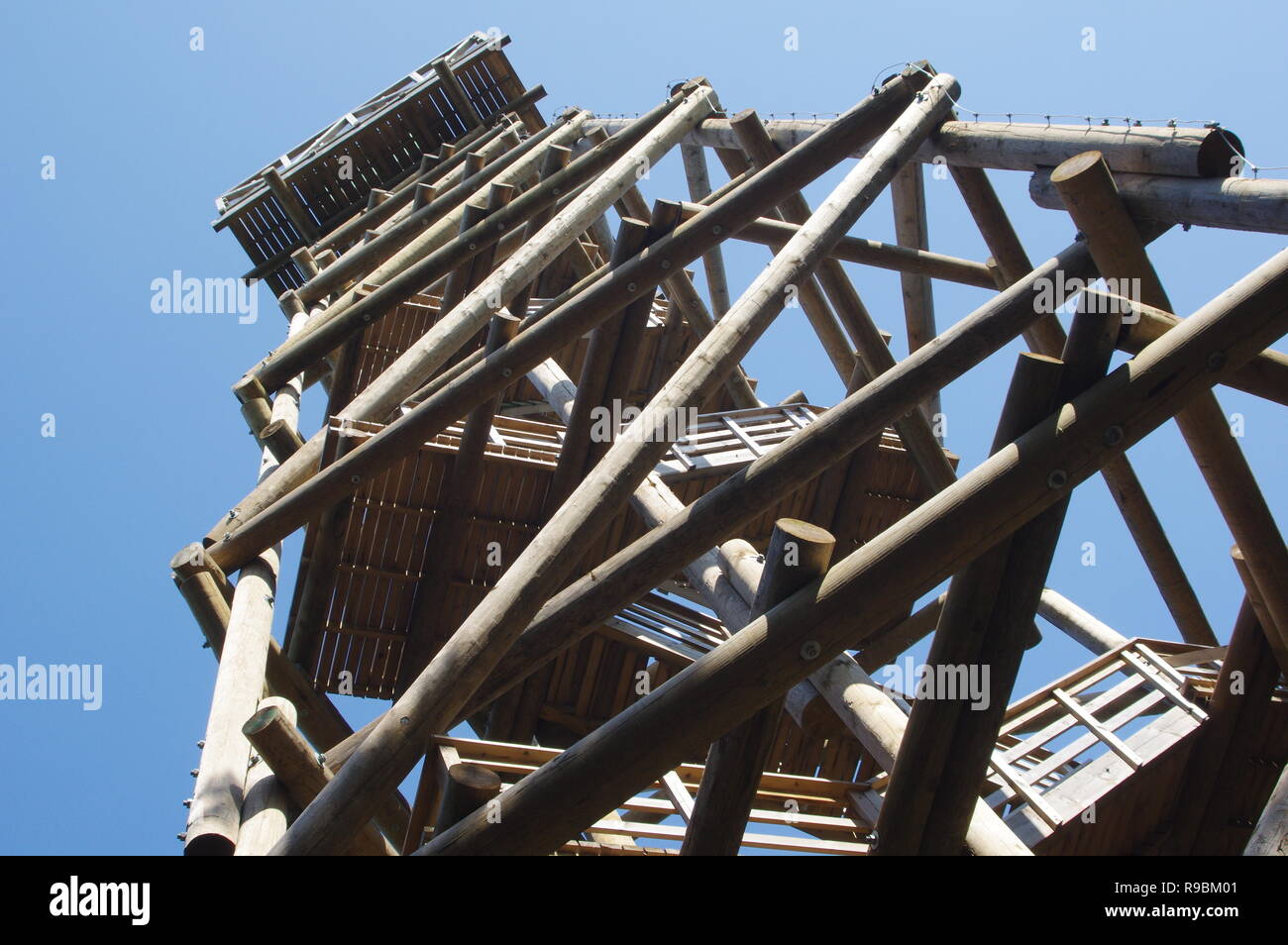 Close up view on observation tower construction elements, wooden tower ...