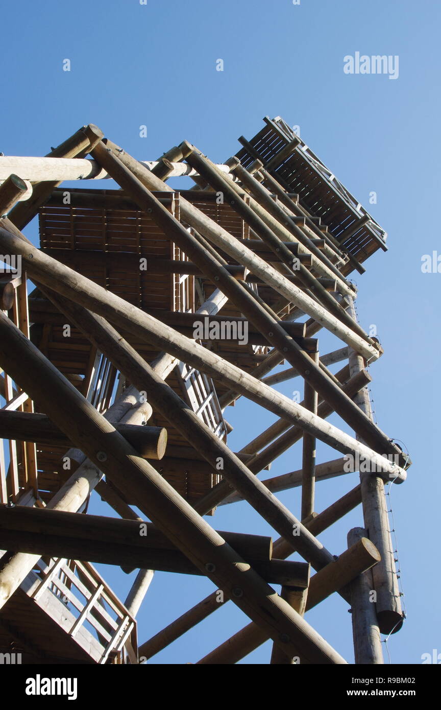 Close up view on observation tower construction elements, wooden tower ...