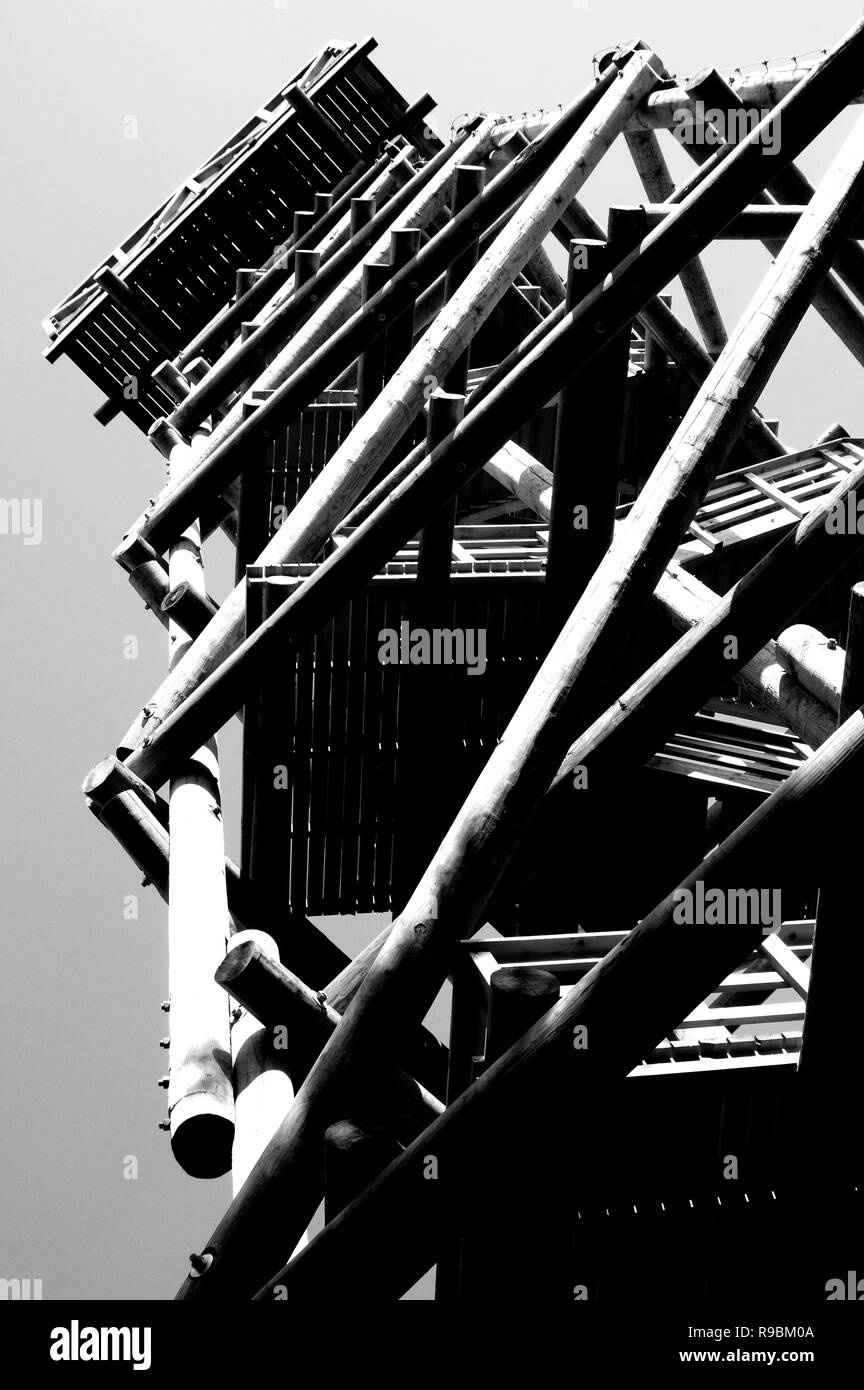 Close up view on observation tower construction elements, wooden tower ...