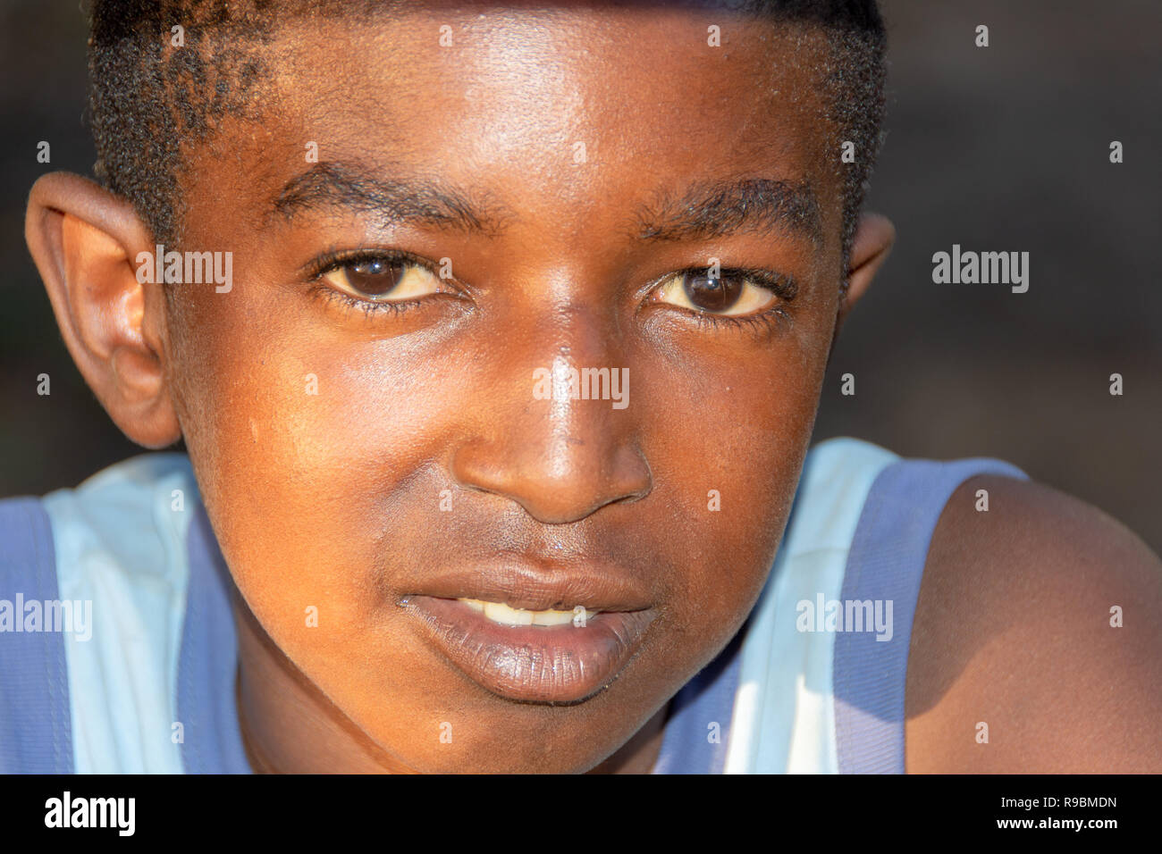 Young African boy in rural village of Mushekwa on the Zambezi River in ...