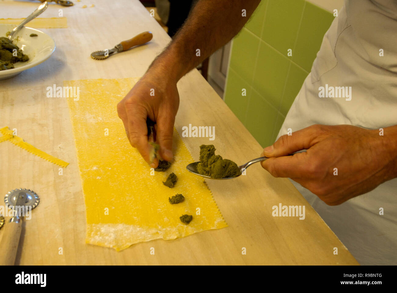 Preparation of agnolotti. Typical pasta of the Langhe, Piedmont - Italy ...