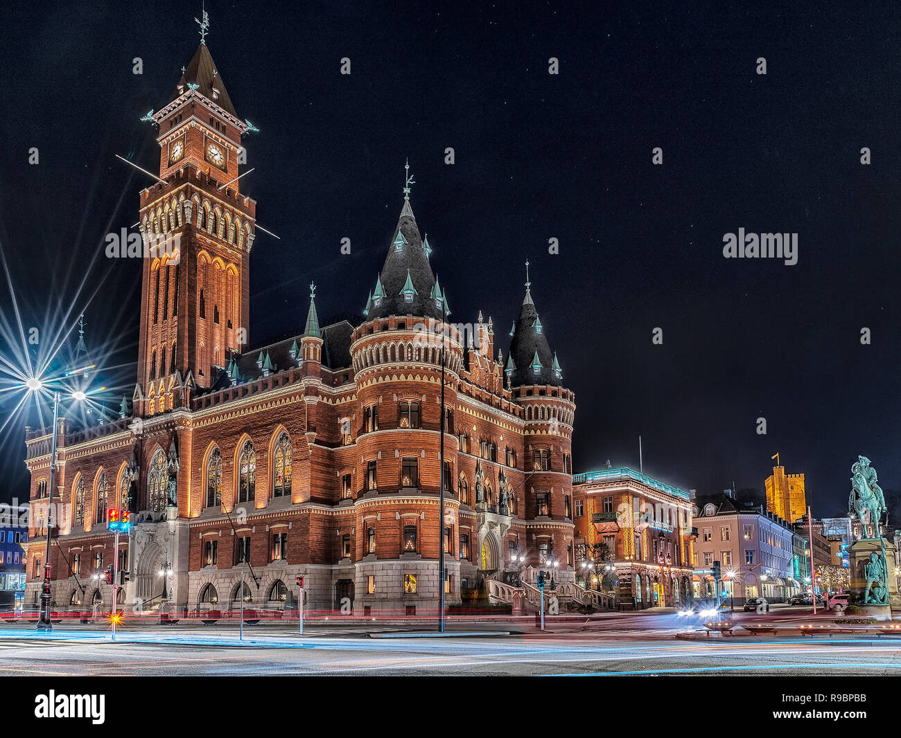 HELSINGBORG, SWEDEN - DECEMBER 12, 2018: A long exposure night time ...