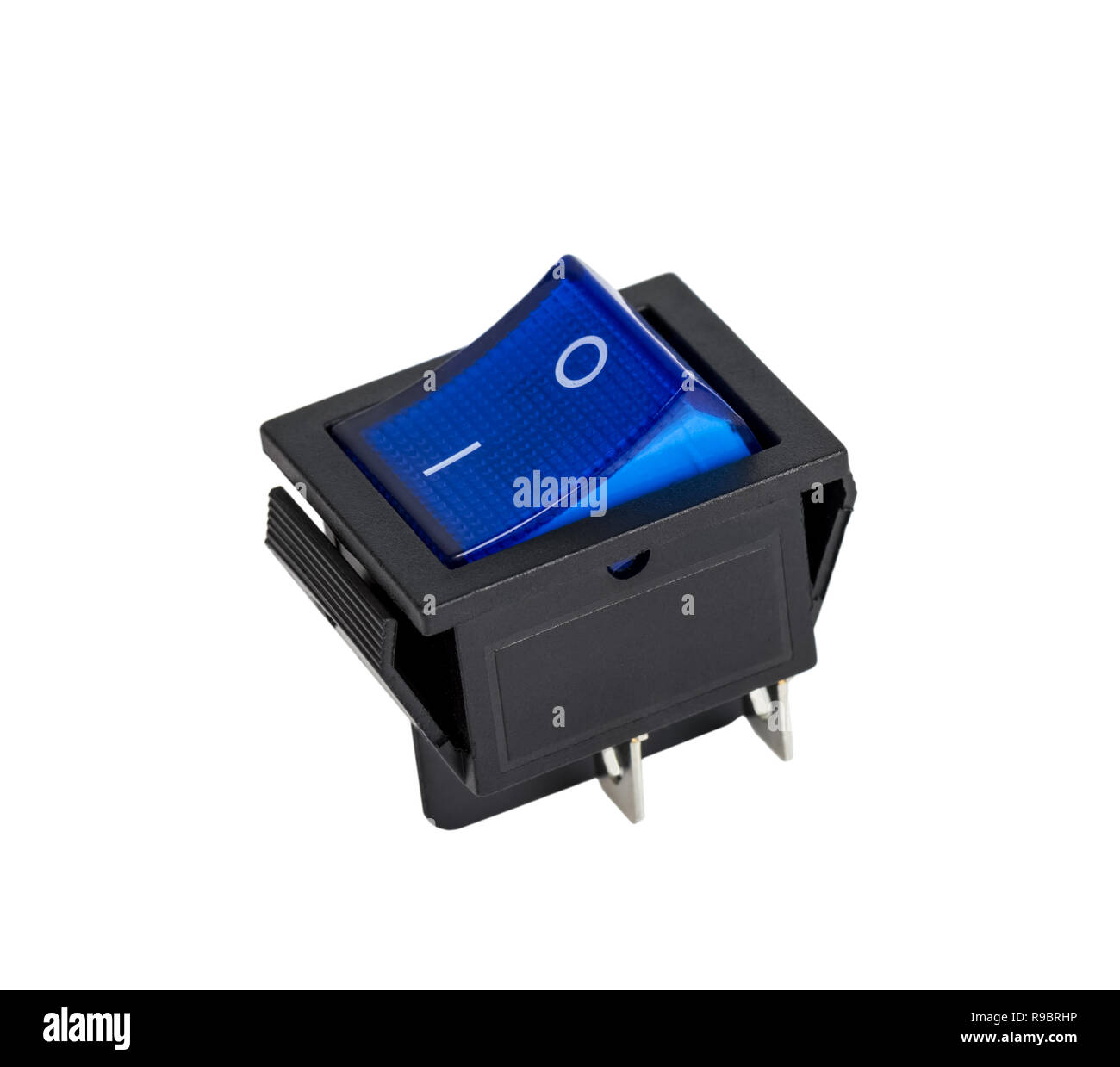 Blue electrical power switch, electronic component, isolated on white ...