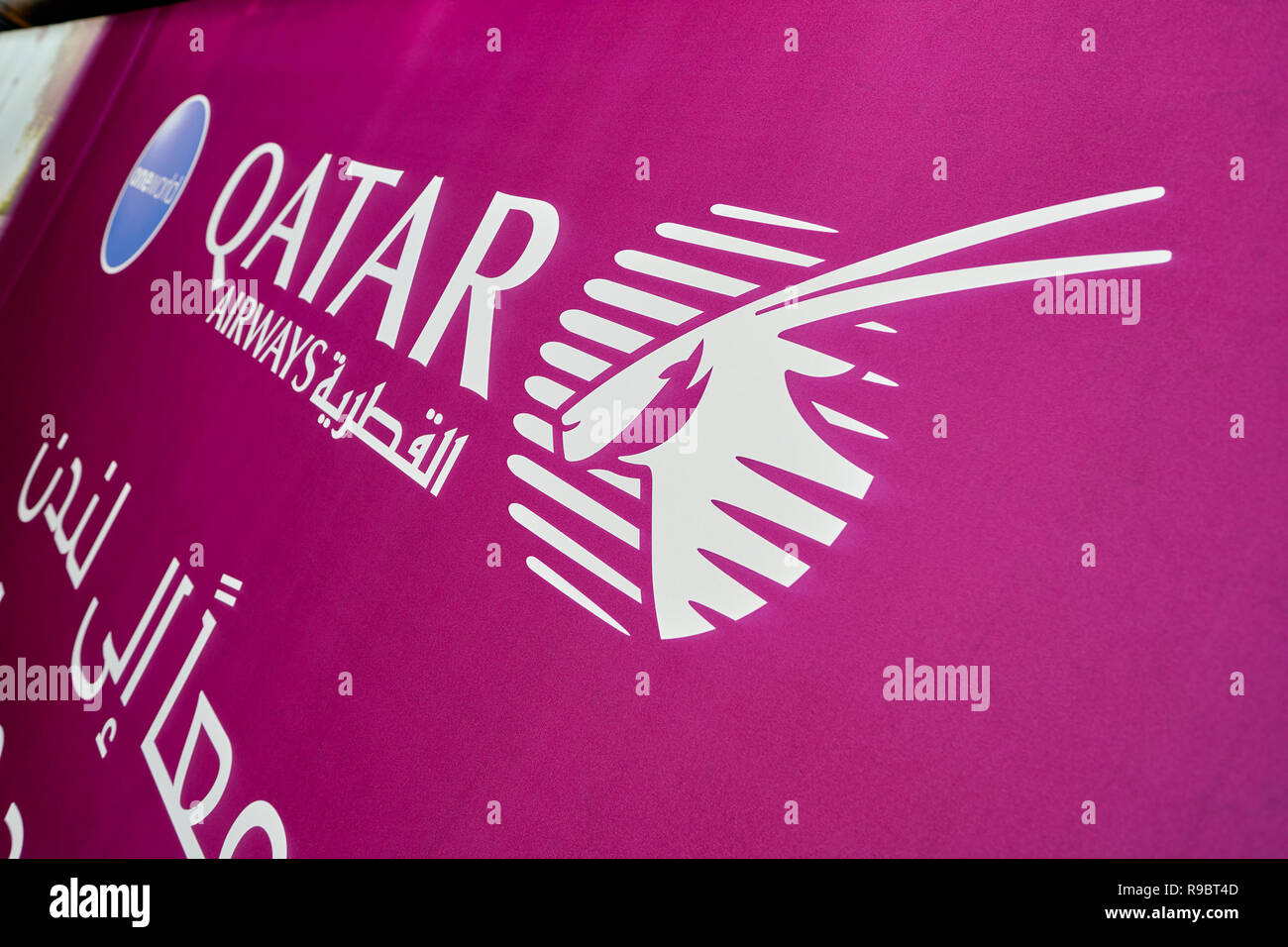 DOHA, QATAR - CIRCA MAY, 2017: close up shot of Qatar Airways sign at ...