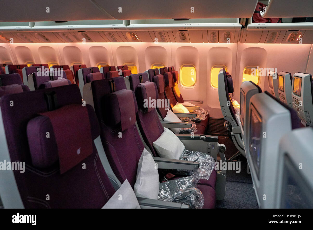 INCHEON, SOUTH KOREA - CIRCA JUNE, 2017: inside Qatar Airways Boeing ...