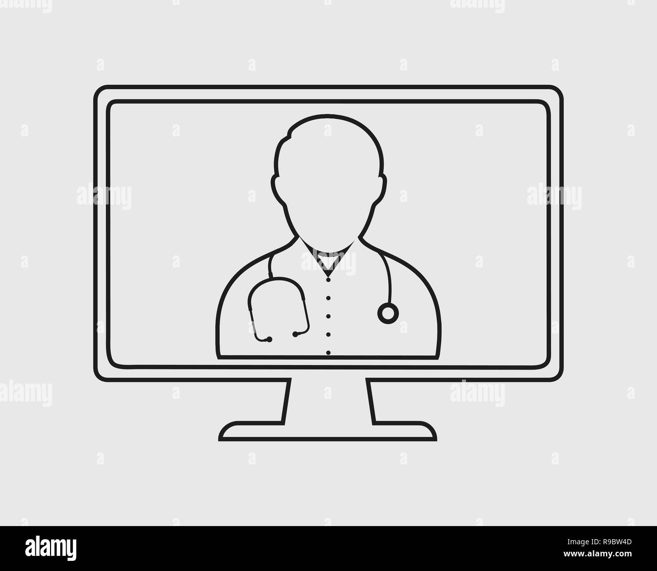 Online Doctor line Icon. Doctor is on computer screen with gray ...