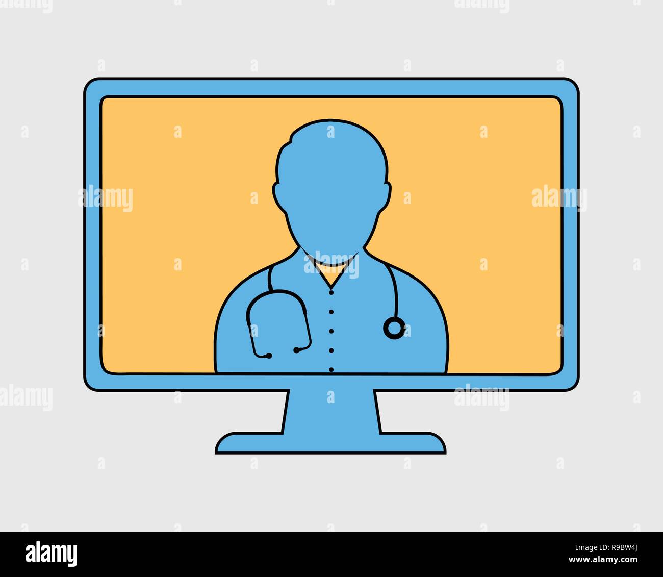Colorful Online DoctorIcon. Doctor is on computer screen with gray ...