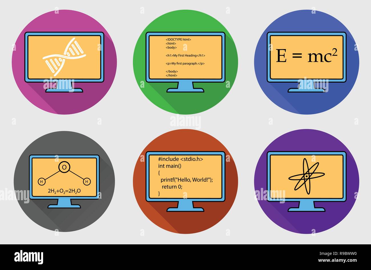 Different Subject Colorful button Icon Set. Physics, Chemistry, Genetic ...