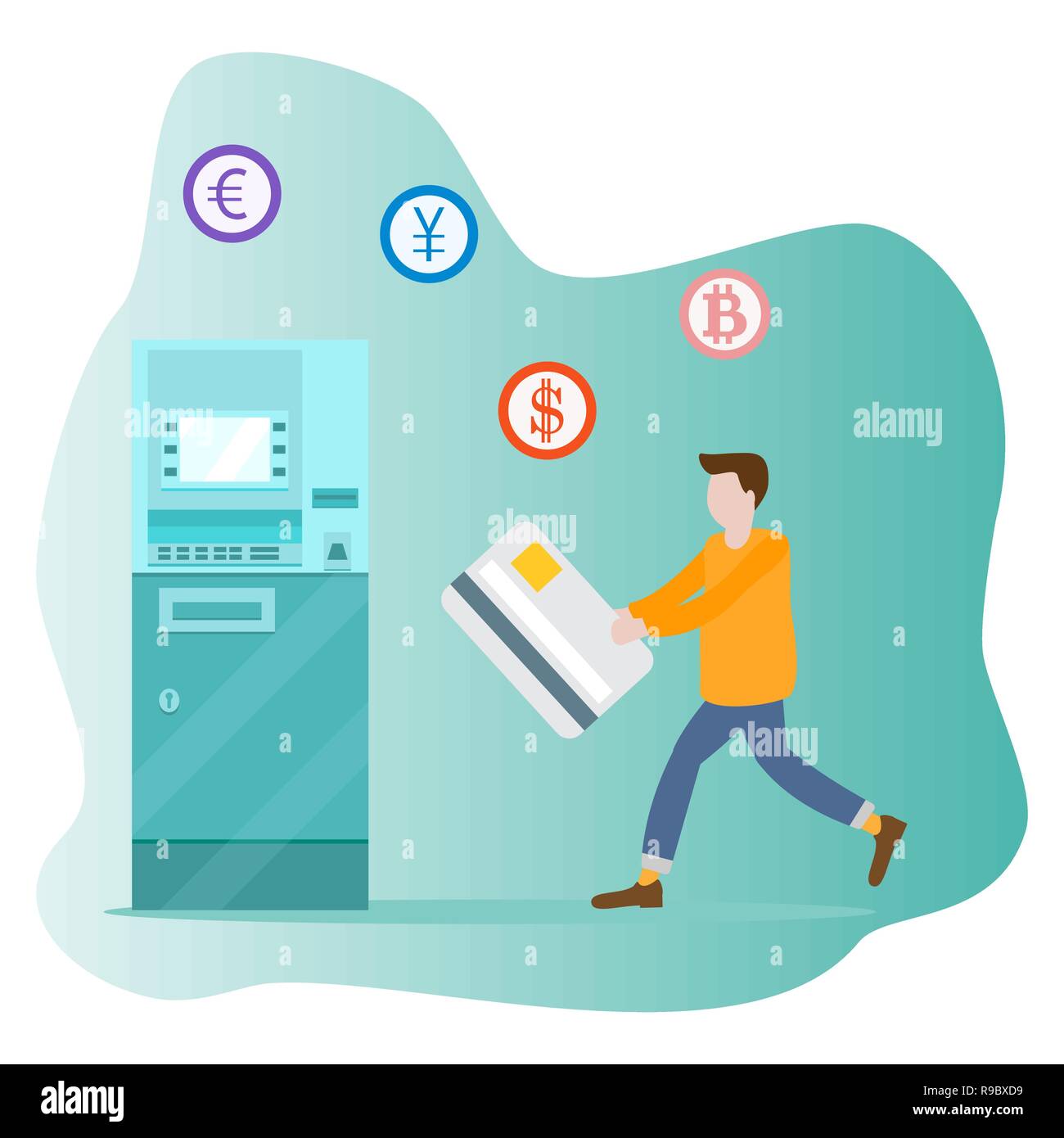 Vector illustration with man goes to ATM with a bank card. Personal ...