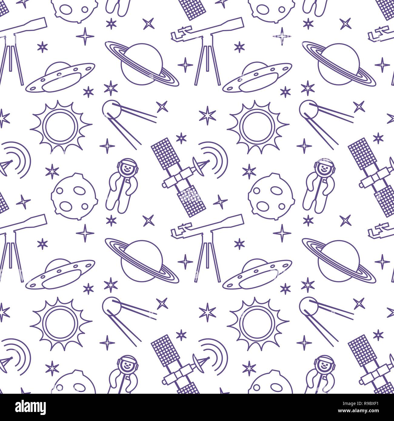 Seamless pattern with telescope, UFO, satellite, planets, astronaut ...