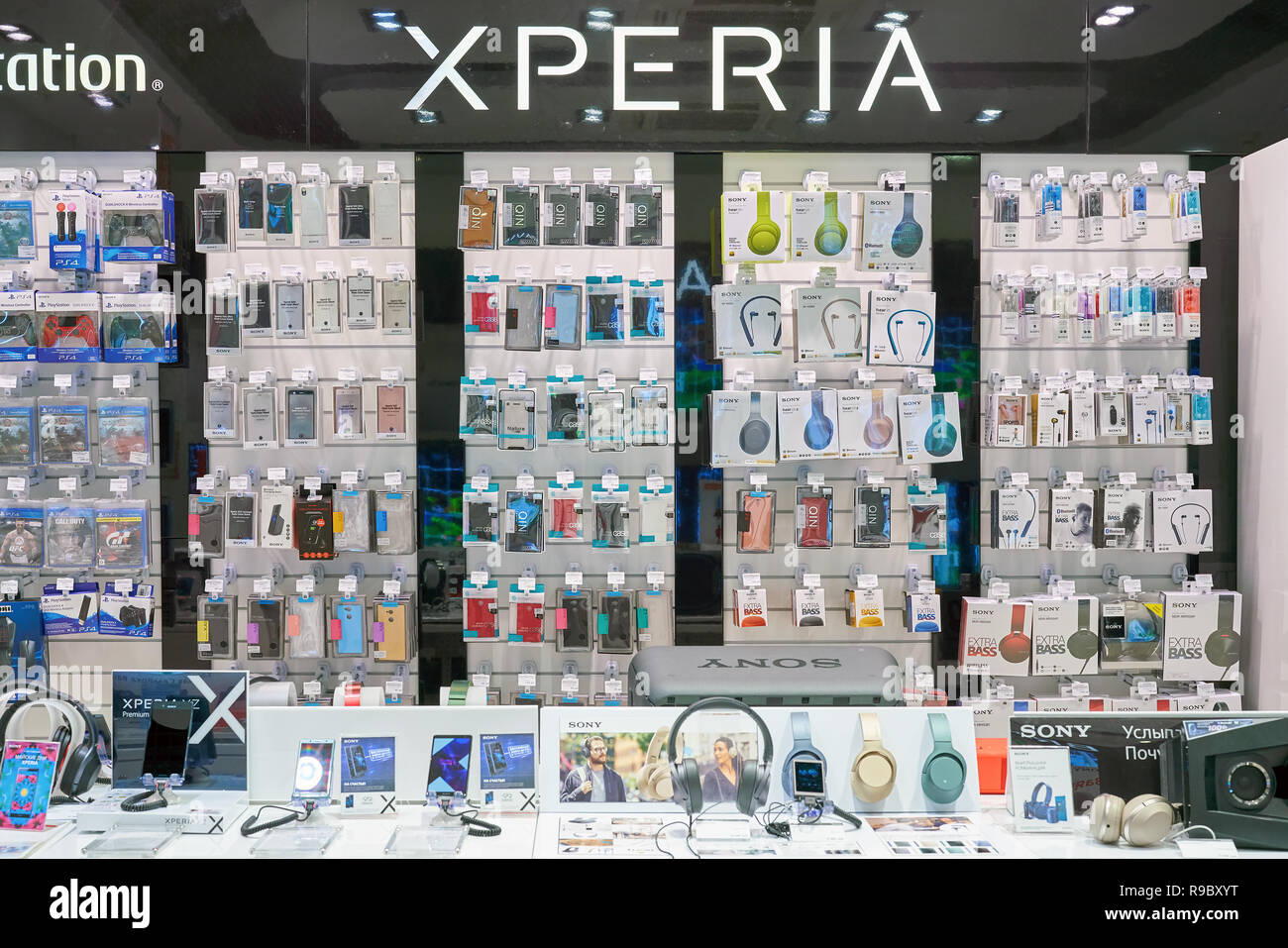 SAINT PETERSBURG, RUSSIA - CIRCA MAY, 2018: goods on display at Sony ...