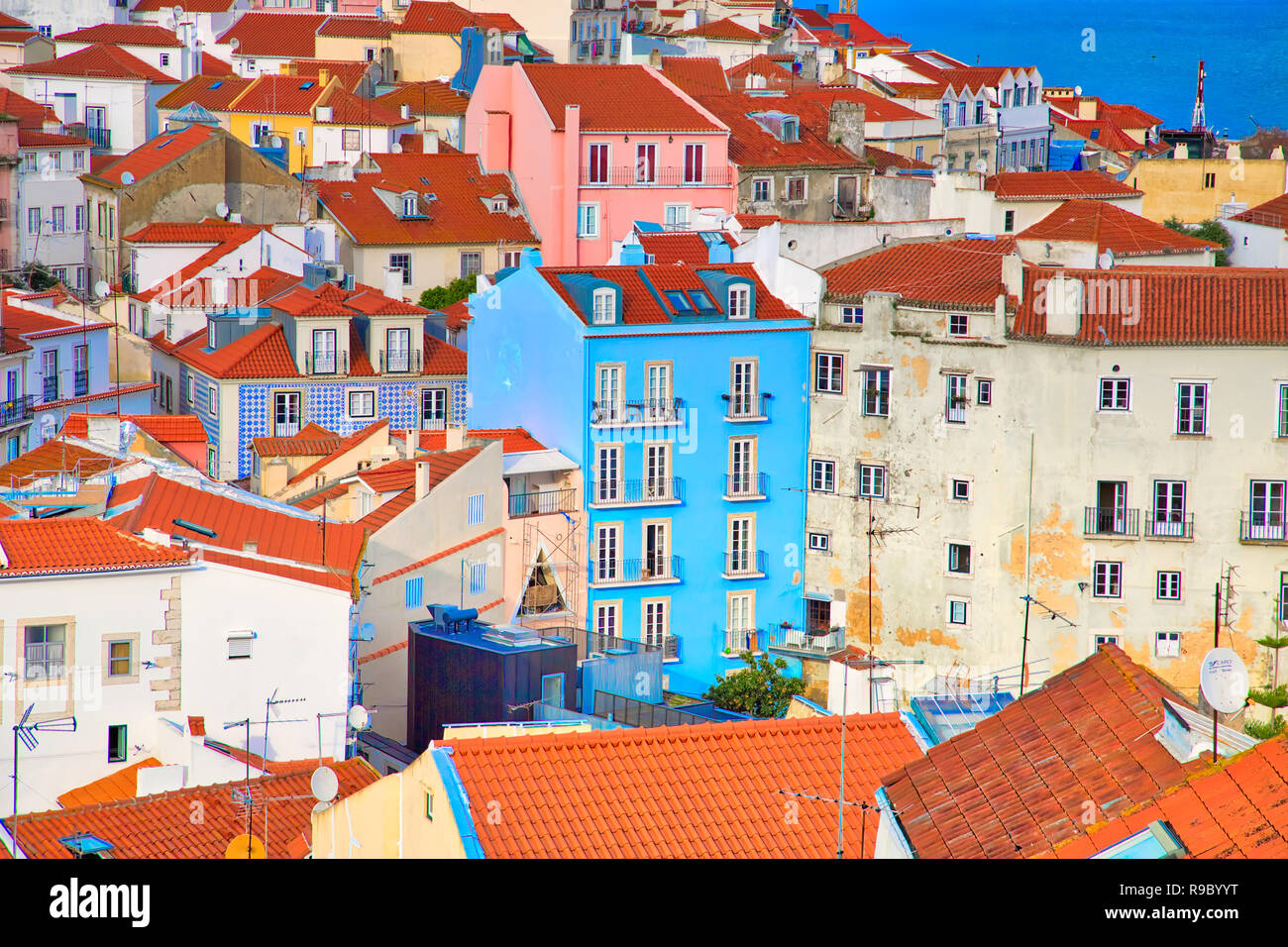 Colorful streets of historic Alfama neighborhood, the oldest district ...