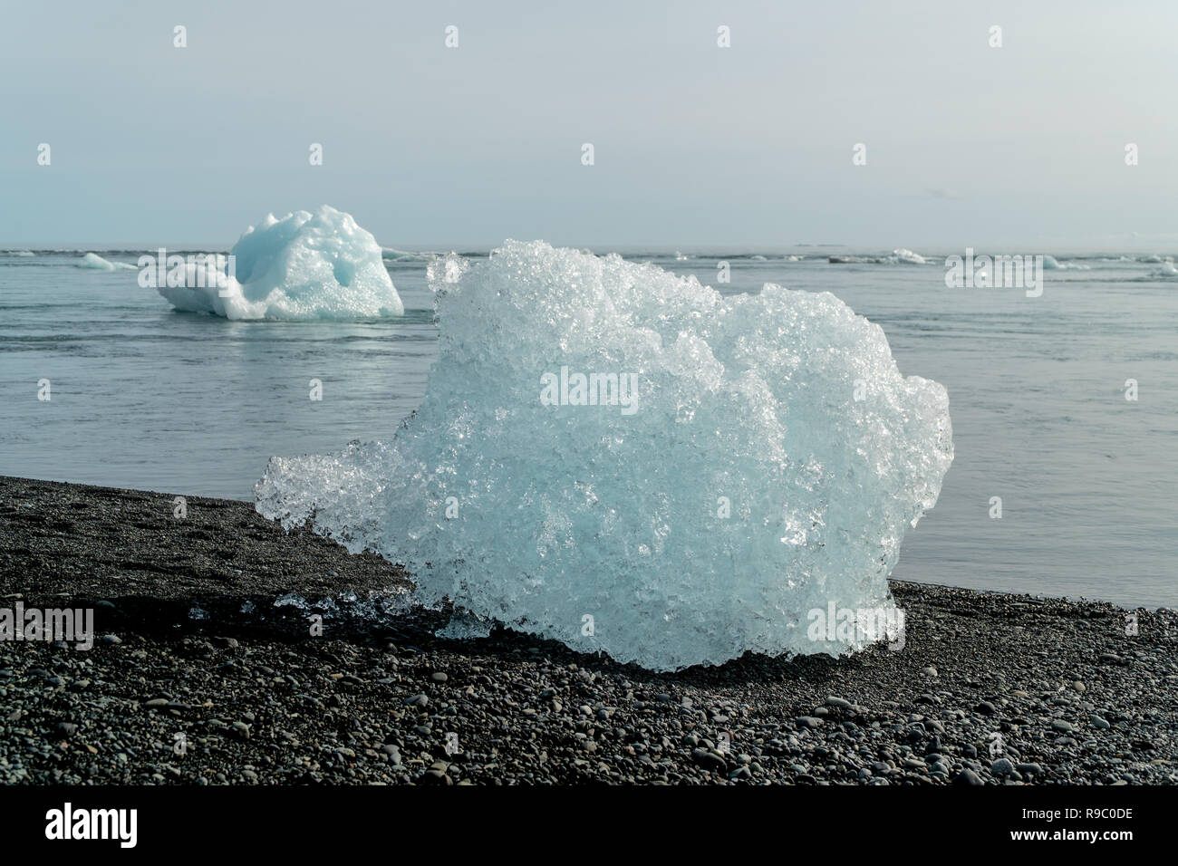 Glacial fragments of ice at Jokulsarlon glacier black diamond beach ...