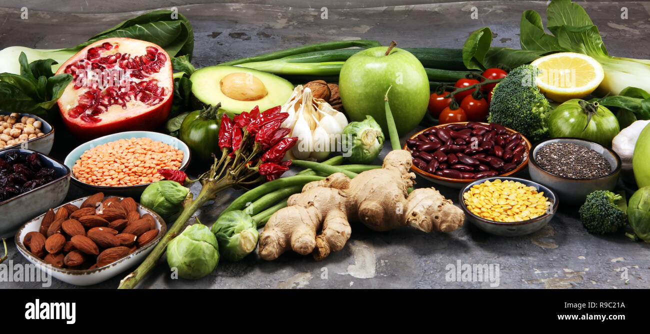 Healthy food clean eating selection. fruit, vegetable, seeds, superfood ...