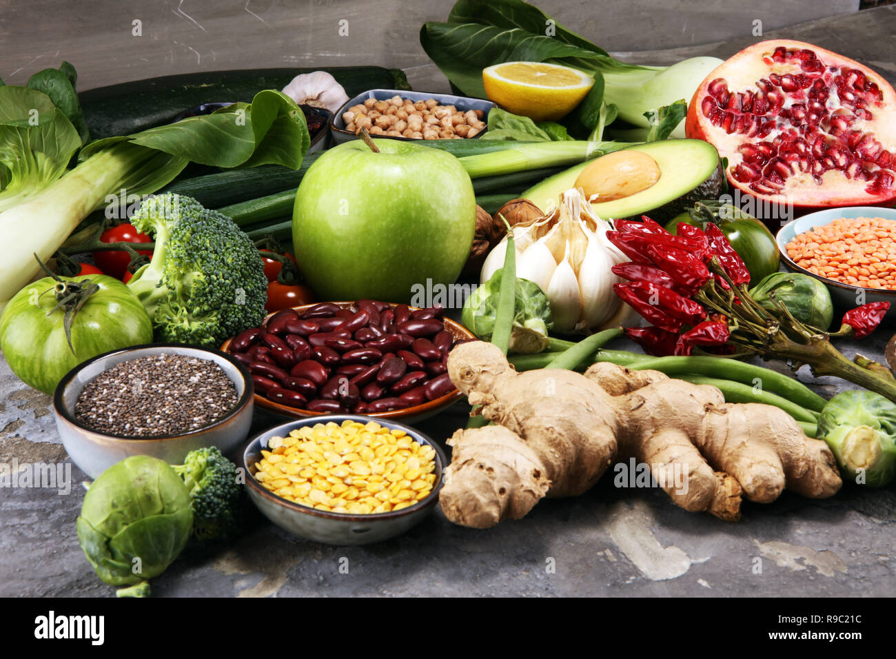 Healthy food clean eating selection. fruit, vegetable, seeds, superfood ...