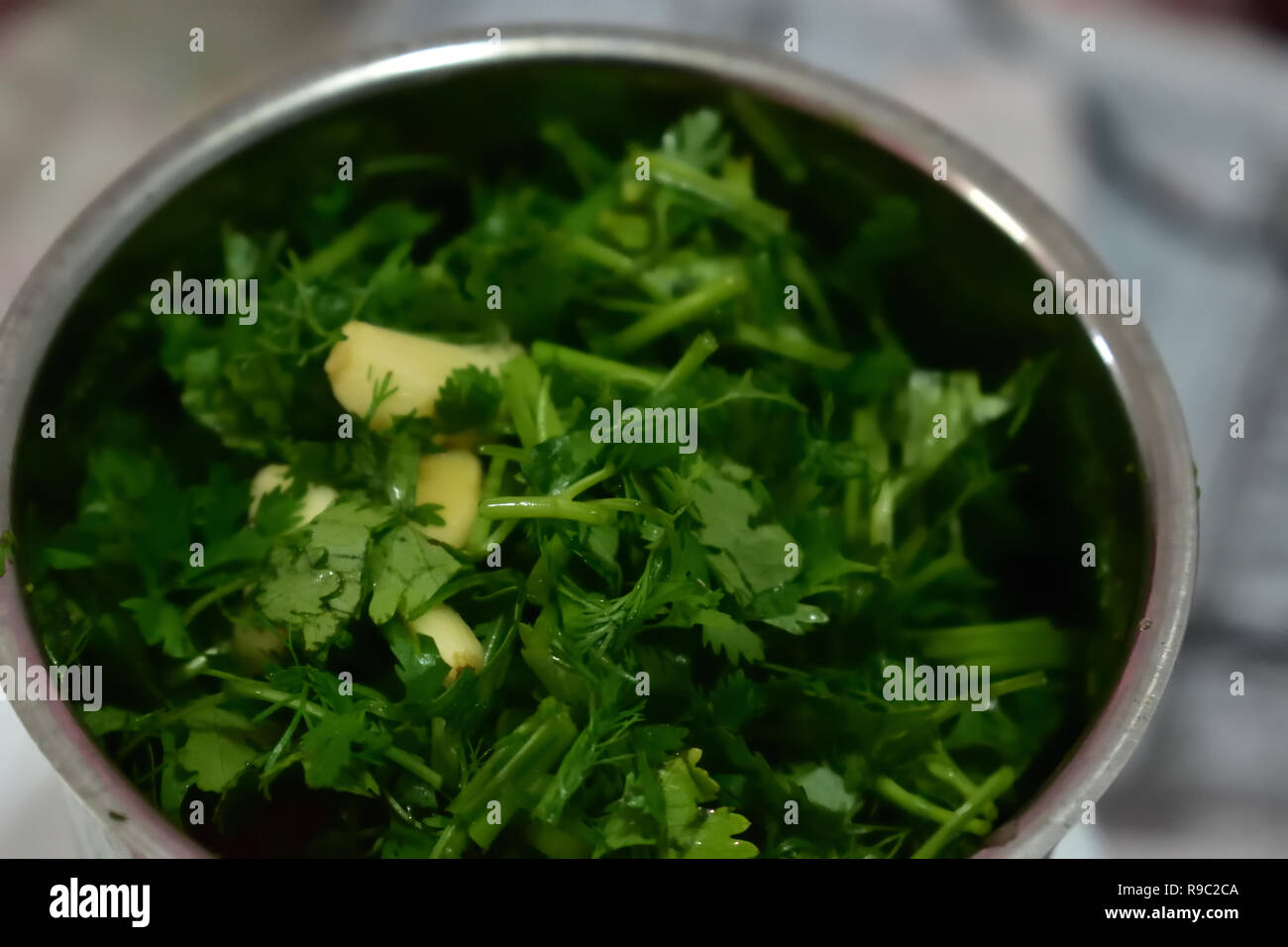 Green chopped coriander leaves with garlic Stock Photo - Alamy