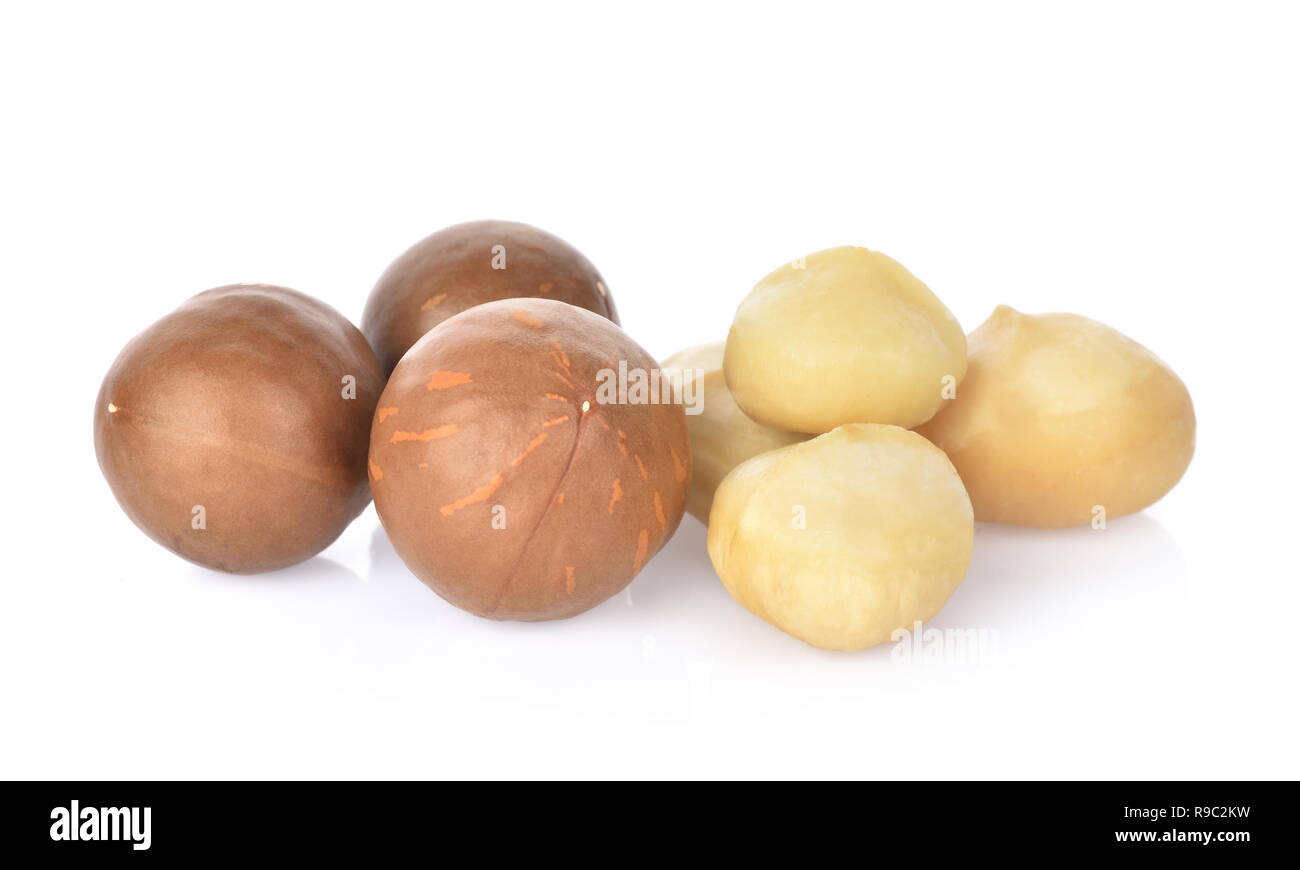 macadamia nuts on white background Stock Photo - Alamy