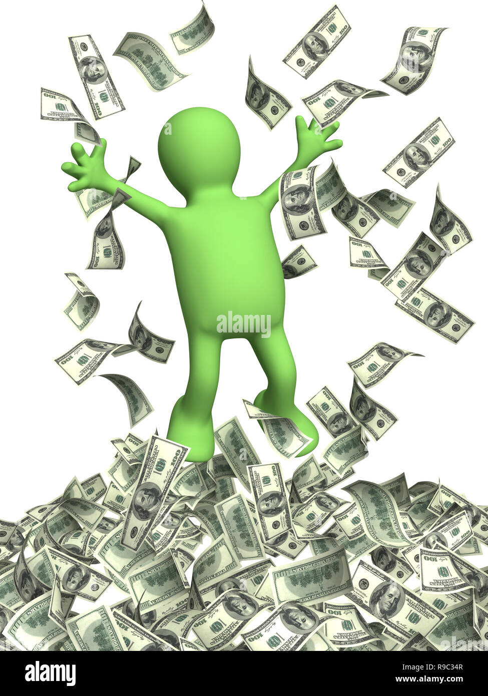 Happy puppet and a money rain. Isolated over white Stock Photo - Alamy