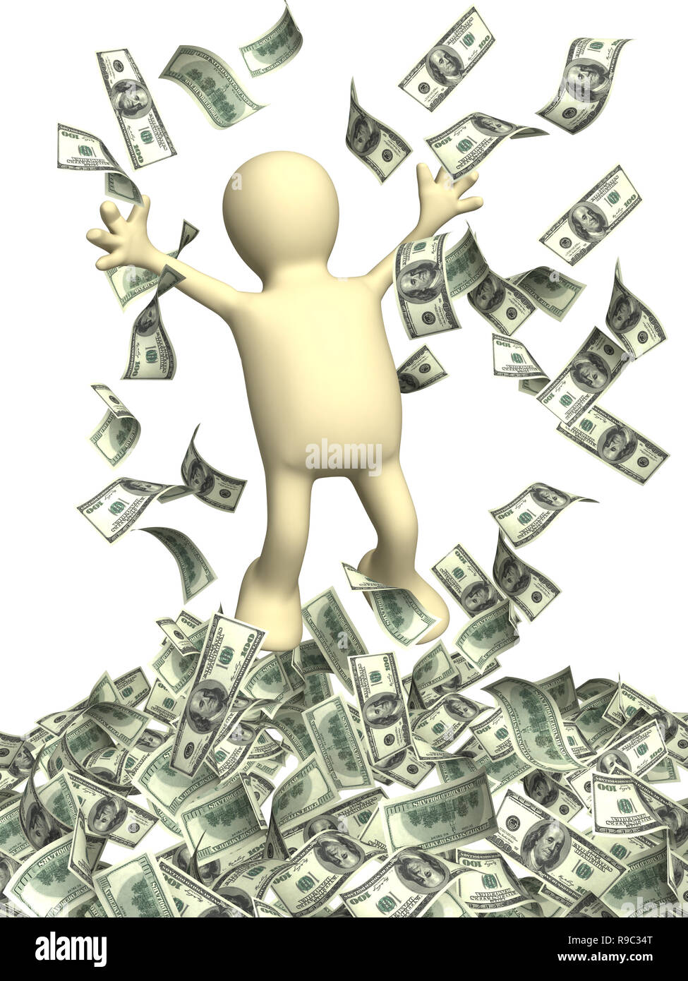 Happy puppet and a money rain. Isolated over white Stock Photo - Alamy