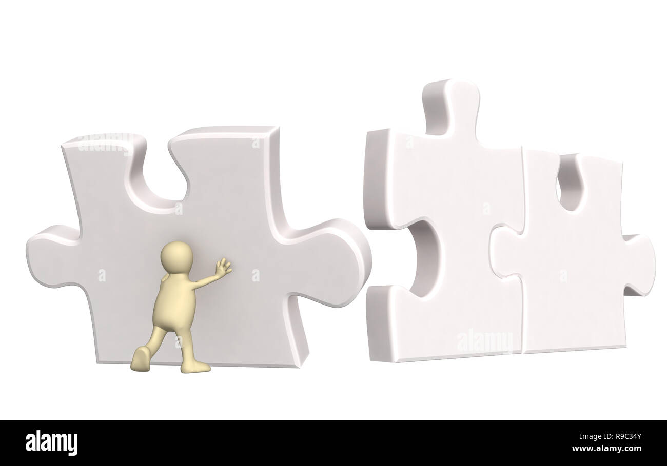 3d puppet, supporting falling parts of puzzles. Isolated over white ...
